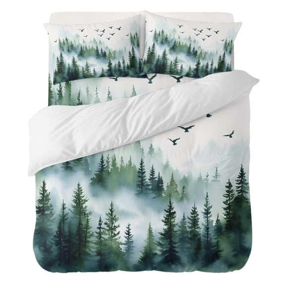 Bird Fog Forest Comforter Set Twin Size, Abstract Spring Dark Green ...