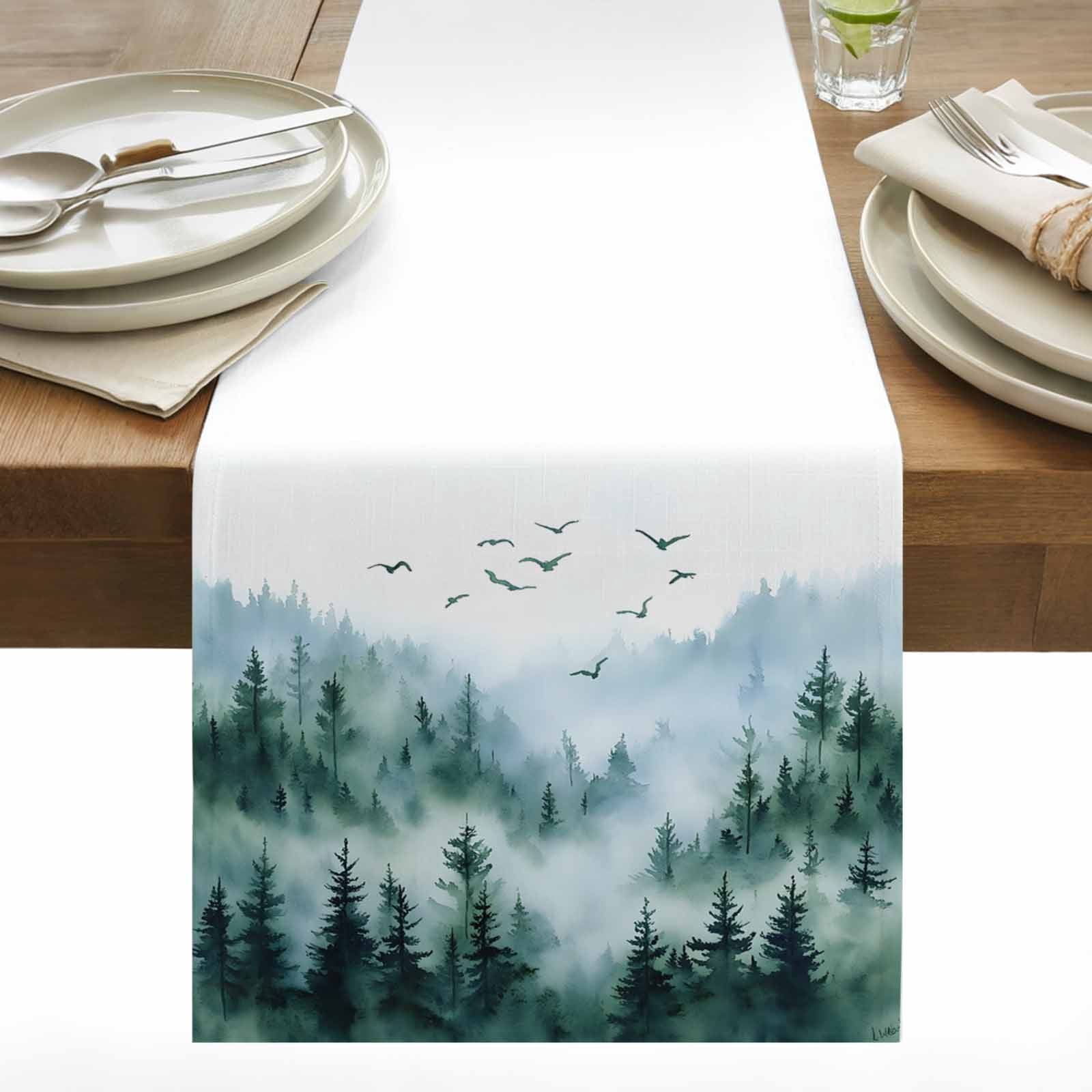 Bird Fog Forest Cotton Linen Table Runner Abstract Spring Black Dark ...