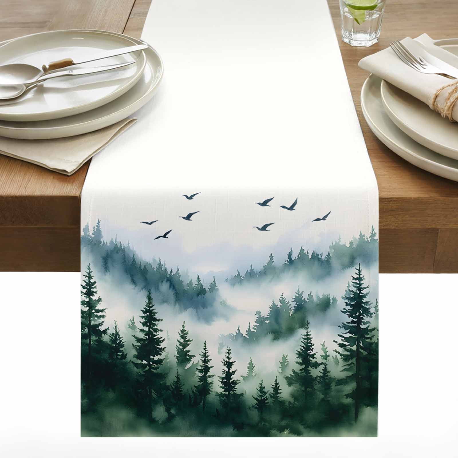 Bird Fog Forest Cotton Linen Table Runner Abstract Spring Black Green ...