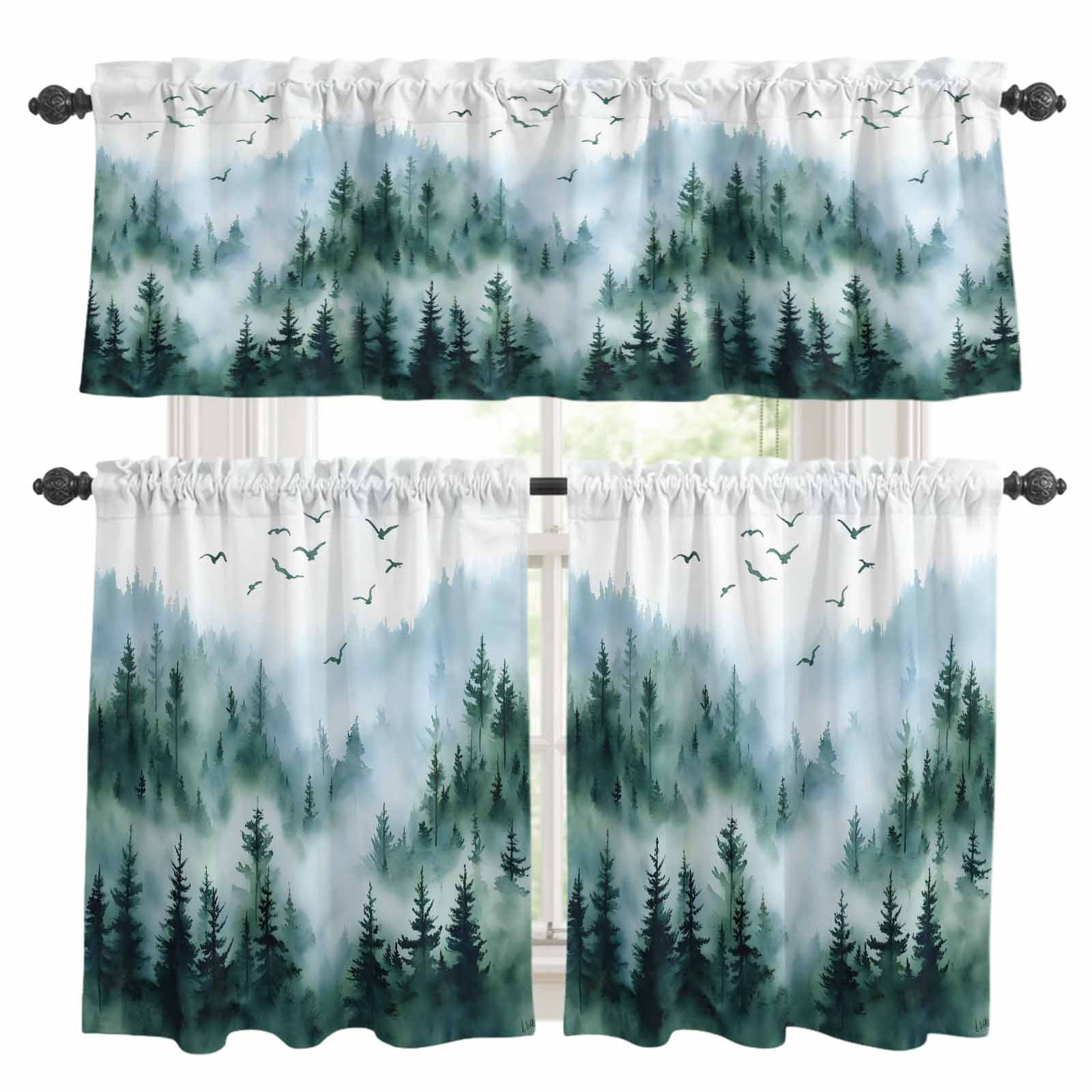 Bird Fog Forest Kitchen Curtains and Valances Set, Abstract Spring ...