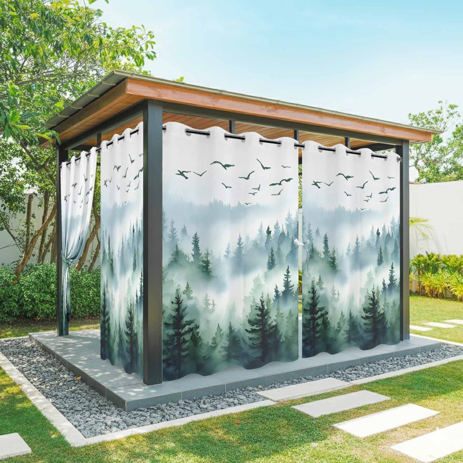 Bird Fog Forest Outdoor Curtains for Patio Waterproof, Abstract Spring ...