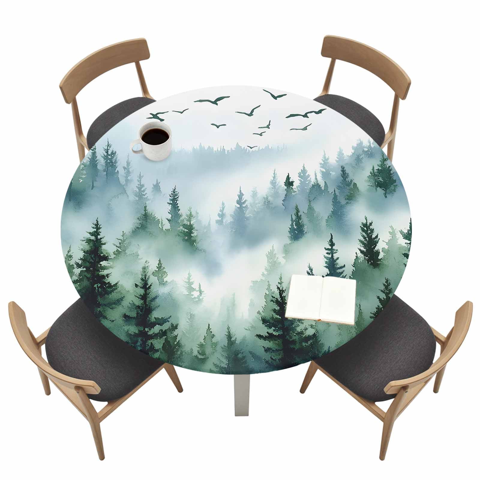 Bird Fog Forest Round Fitted Tablecloth with Elastic Edge Abstract ...
