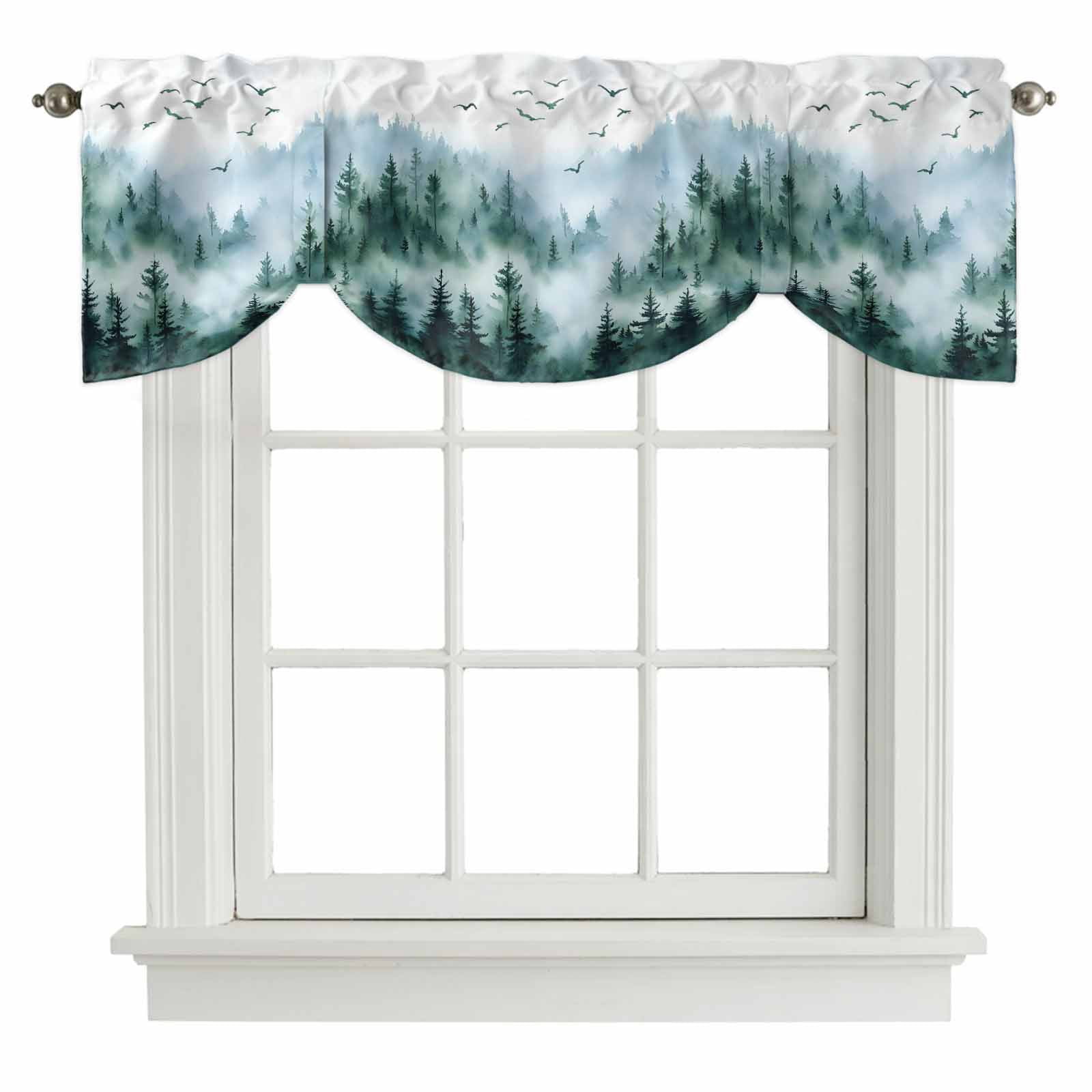Bird Fog Forest Tie Up Valance for Windows, Abstract Spring Black Dark ...