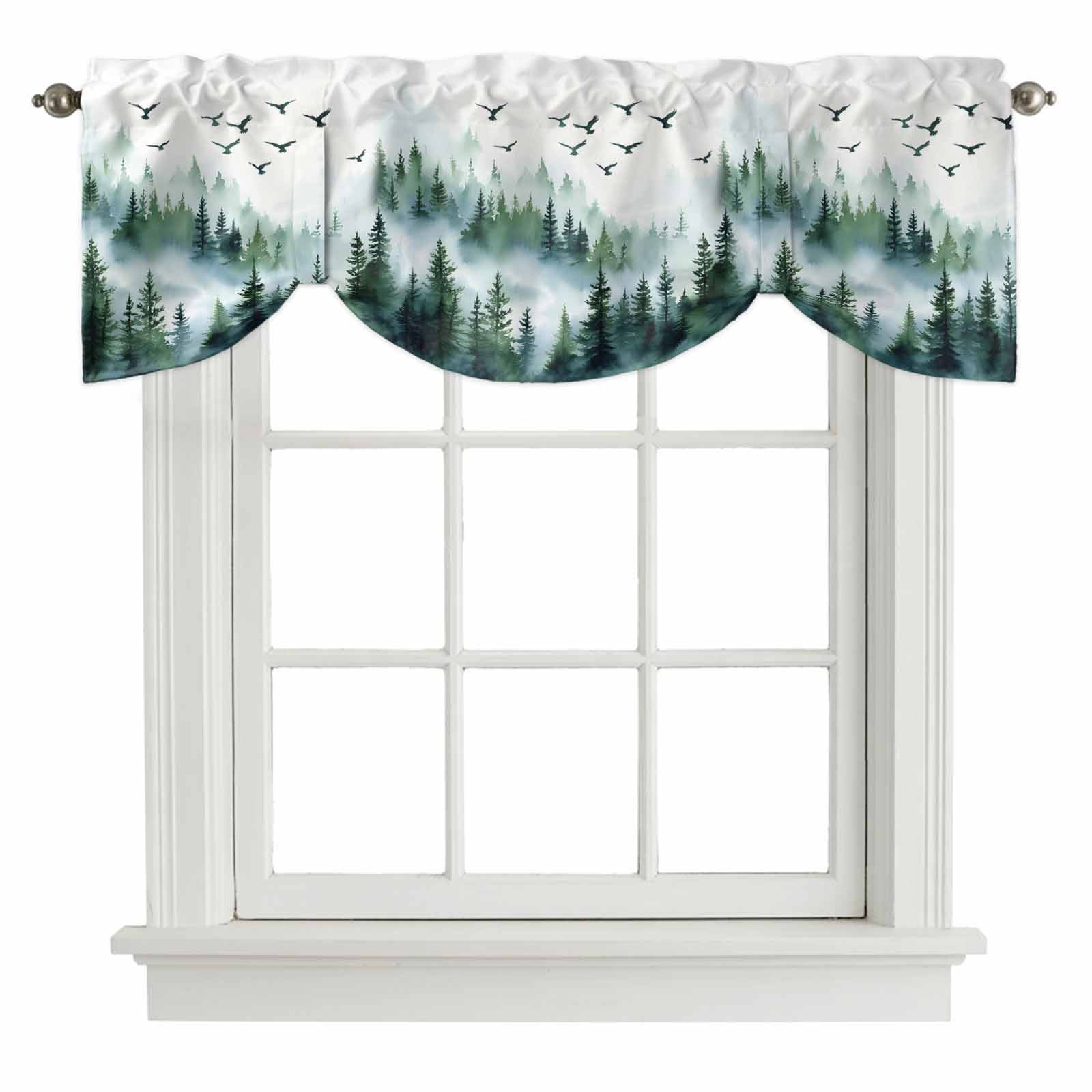 Bird Fog Forest Tie Up Valance for Windows, Abstract Spring Dark Green ...