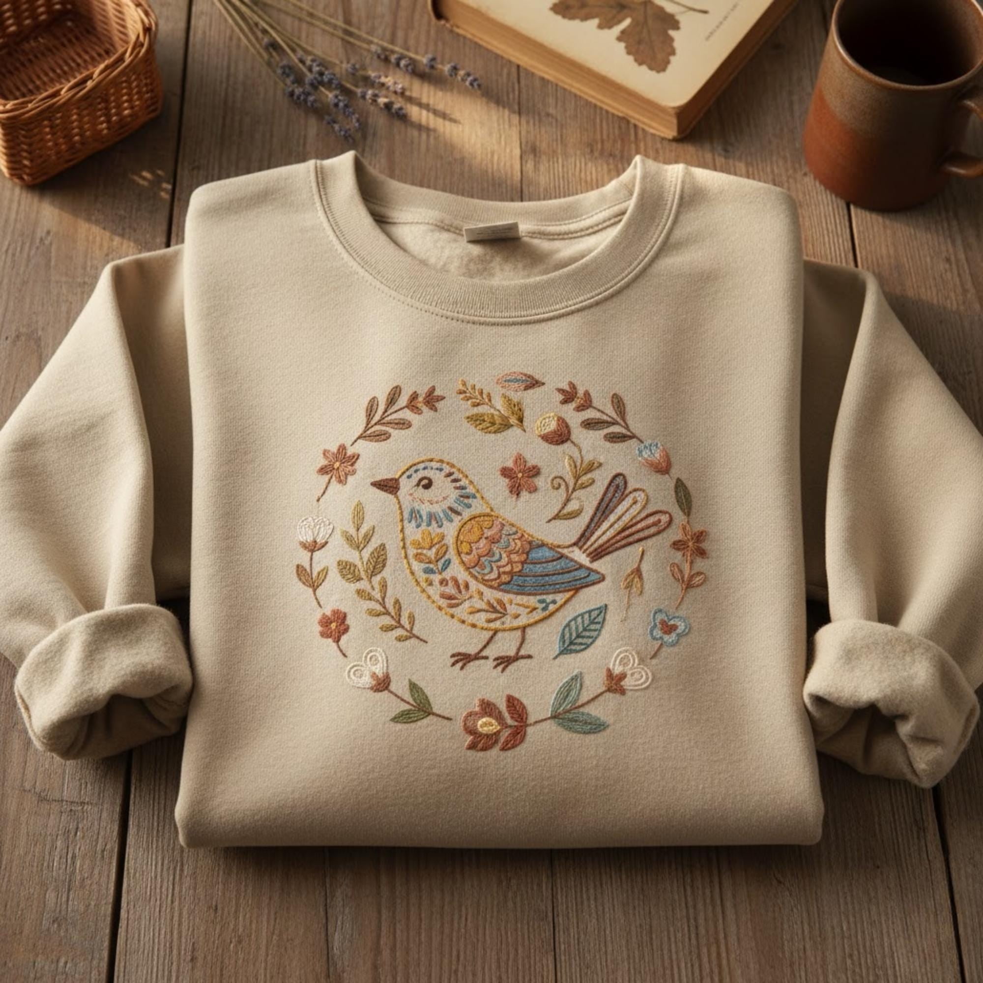 Bird Folk Art Embroidered Sweatshirt Cottagecore Nature Shirt Folk ...