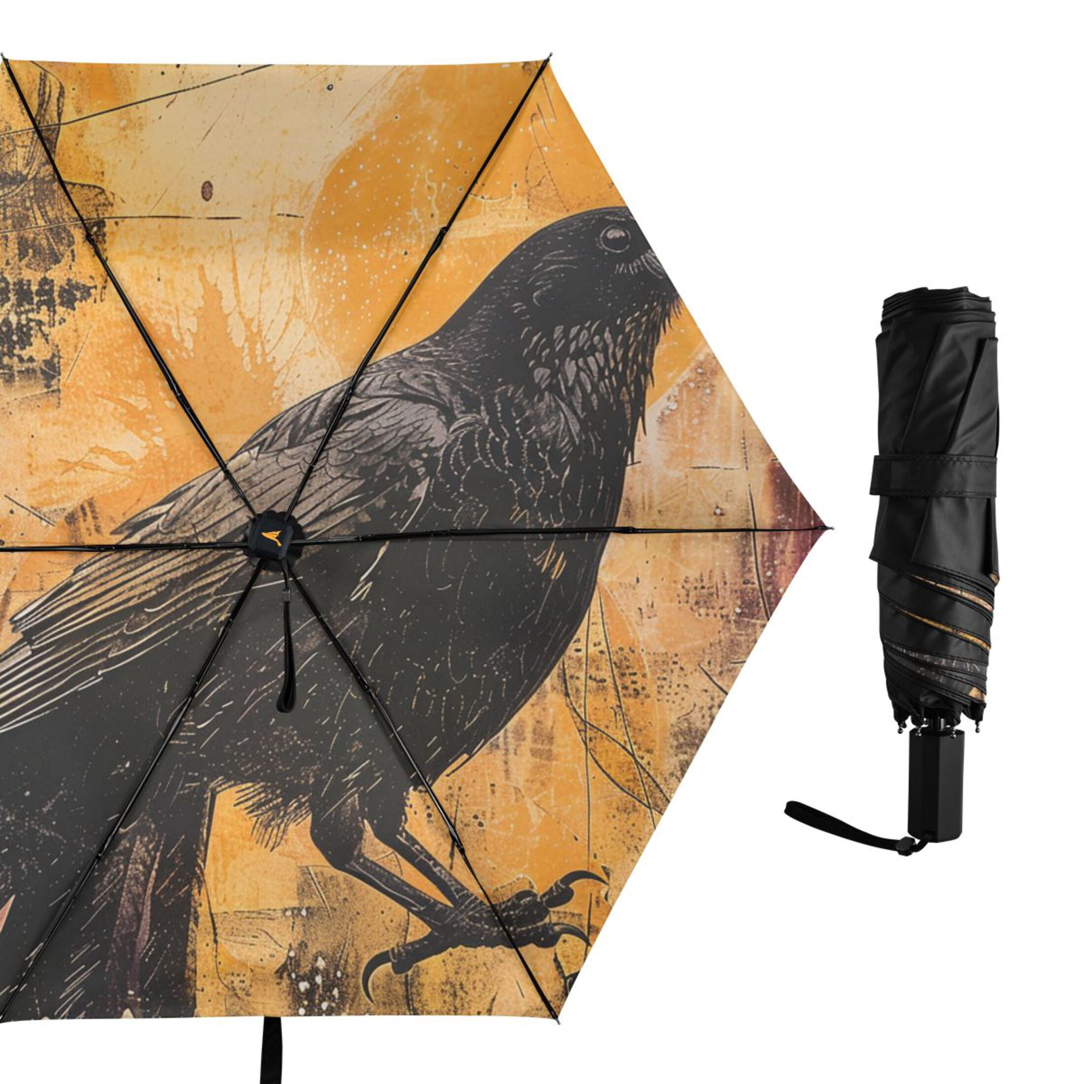 Bird Hand Painted Vintage Triple Folding Umbrella Parasol 6 Ribs UV ...