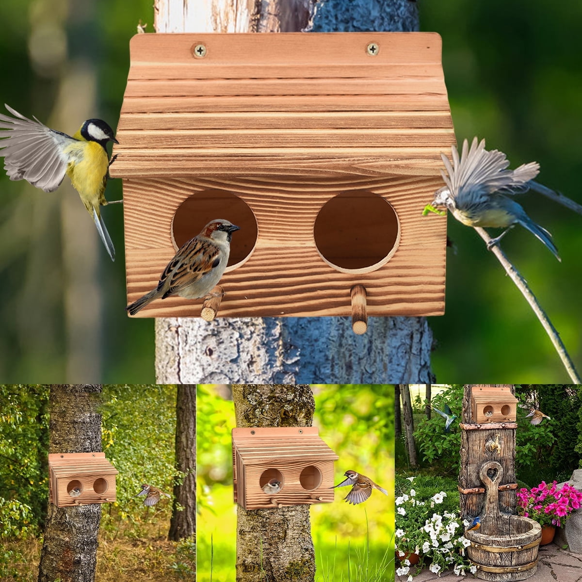 Bird House for Outdoor,Wood Bird Houses for Outside with 2 Holes ...