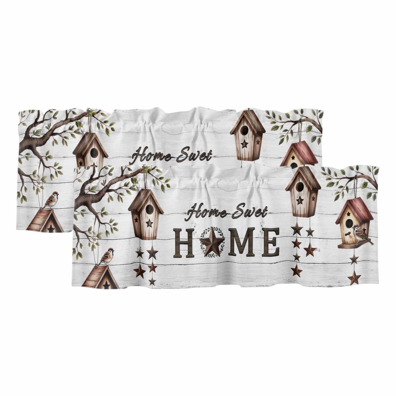 Bird Houses 2 Panels Kitchen Valance, Sparrows Home Sweet Branch Star ...