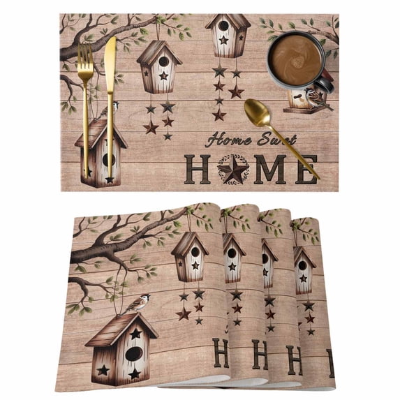 Bird Houses Cotton Linen Placemats Set of 8, Sparrows Home Sweet Branch ...
