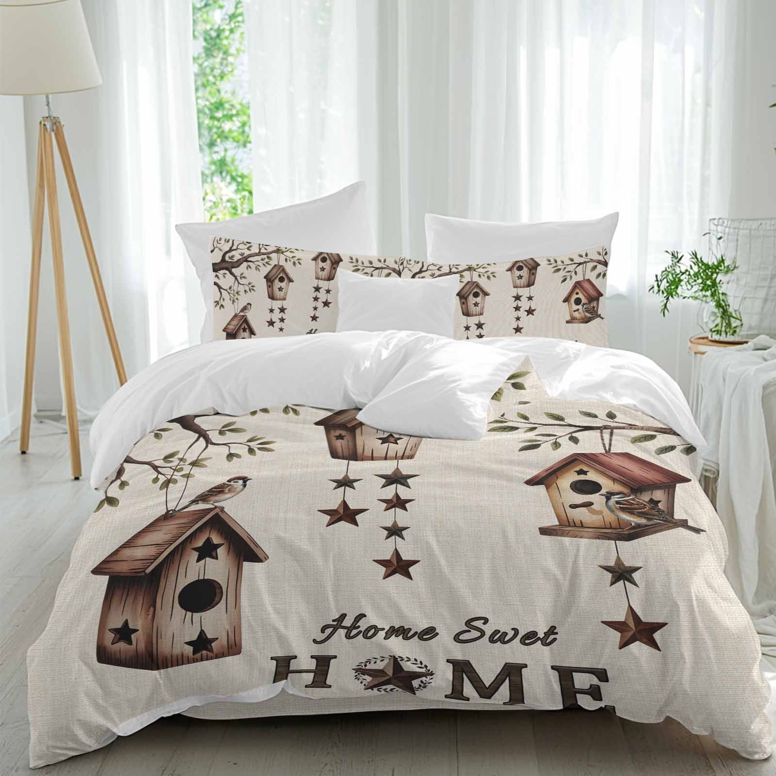Bird Houses Duvet Cover Set Queen Size, Sparrows Home Sweet Branch Star ...