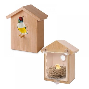 2 Way Mirrored Wooden Bird House, See Through, Suction Cup Window ...