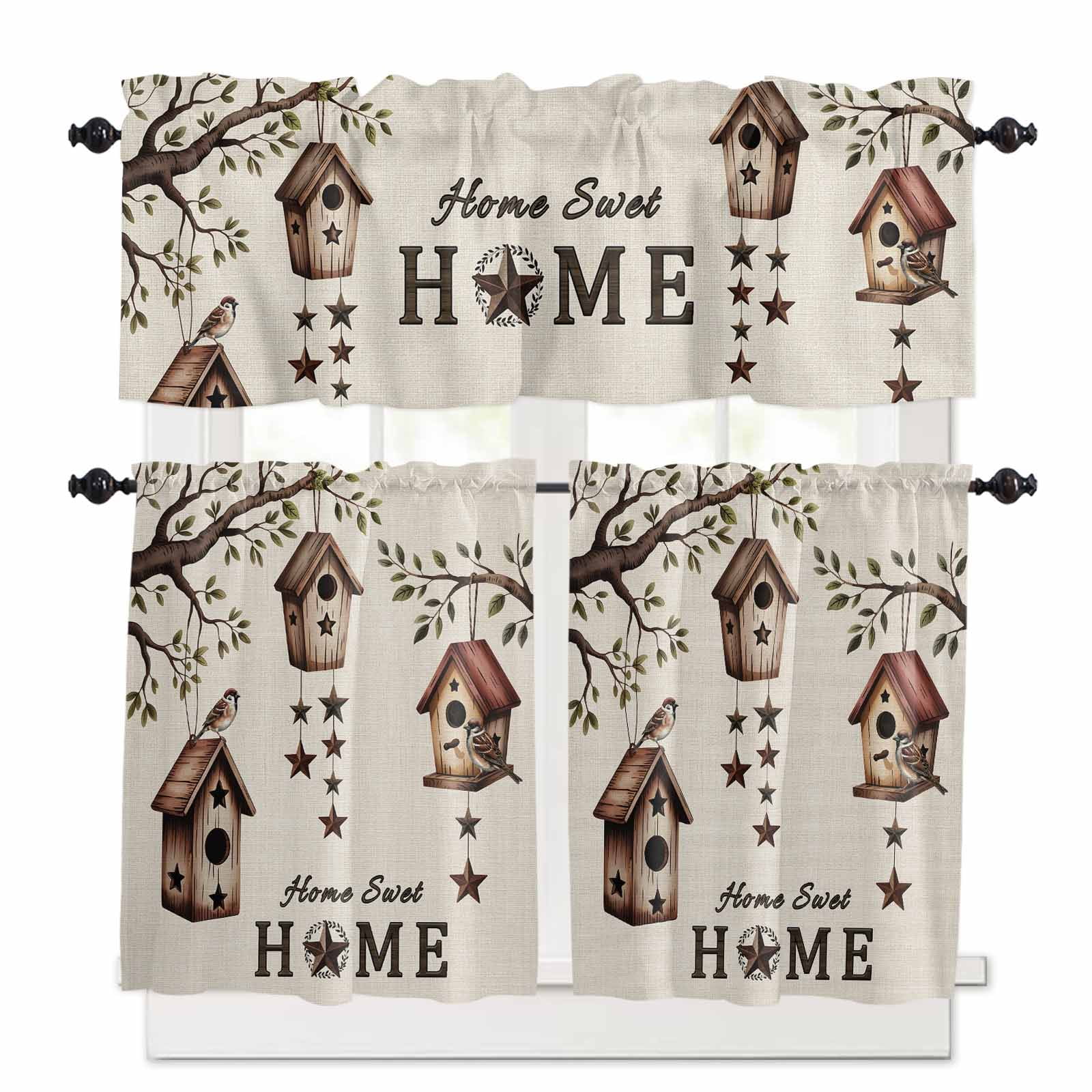 Bird Houses Kitchen Curtains Valance and Tier Set Sparrows Home Sweet ...