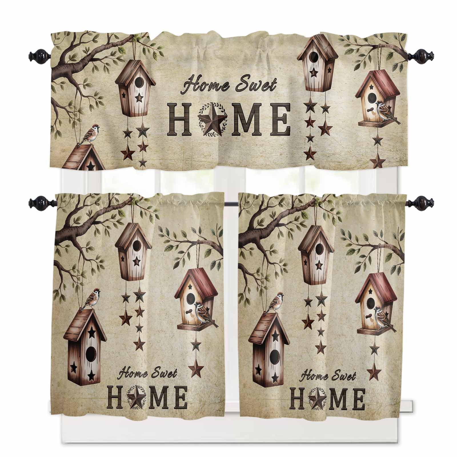 Bird Houses Kitchen Curtains Valance and Tier Set Vintage Sparrows Home ...