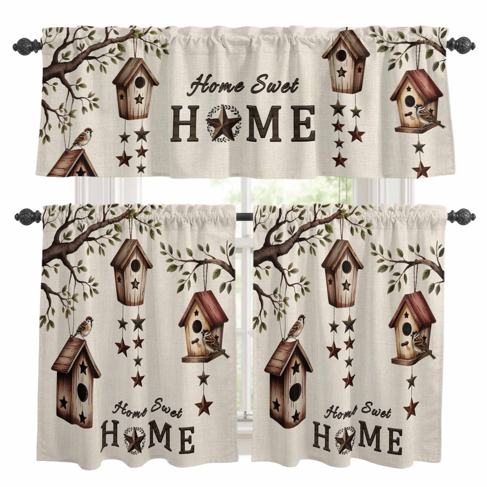 Bird Houses Kitchen Curtains Valances and Tiers Set of 3 Sparrows Home ...