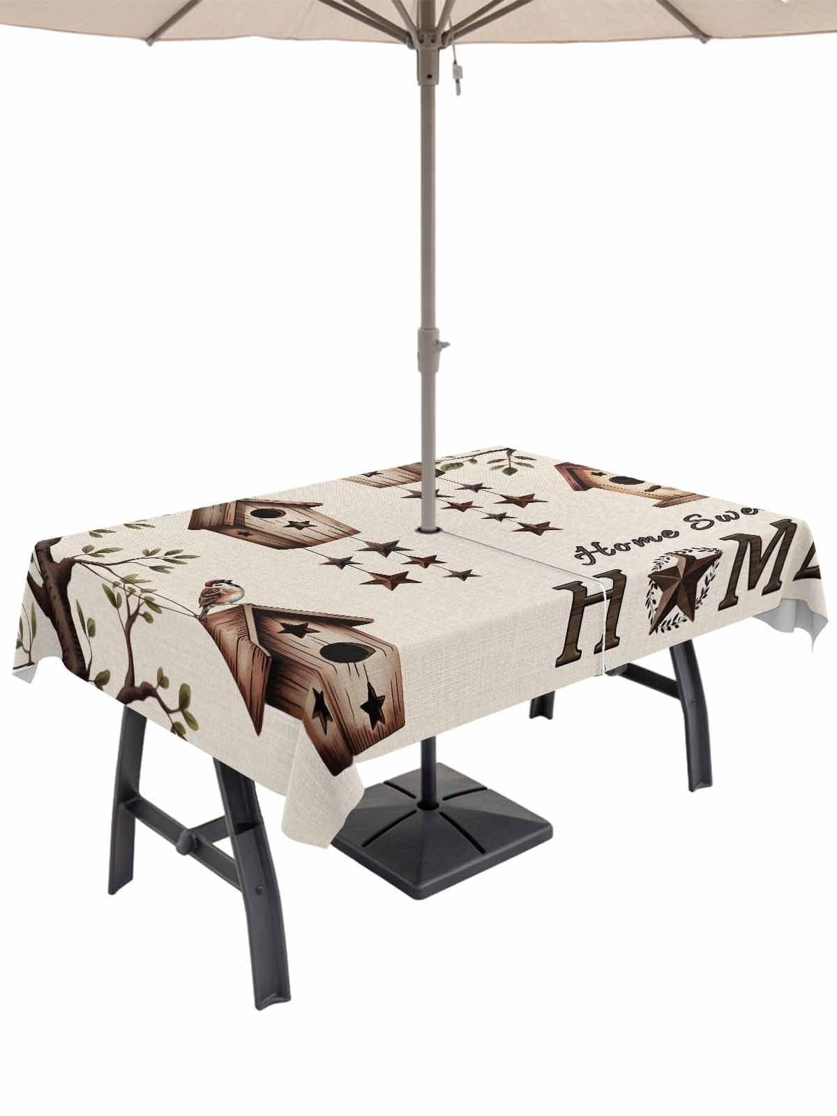 Bird Houses Rectangle Outdoor Tablecloth with Umbrella Hole Sparrows ...