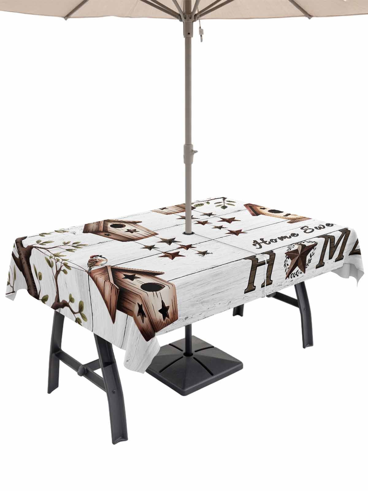 Bird Houses Rectangle Outdoor Tablecloth with Umbrella Hole Sparrows ...