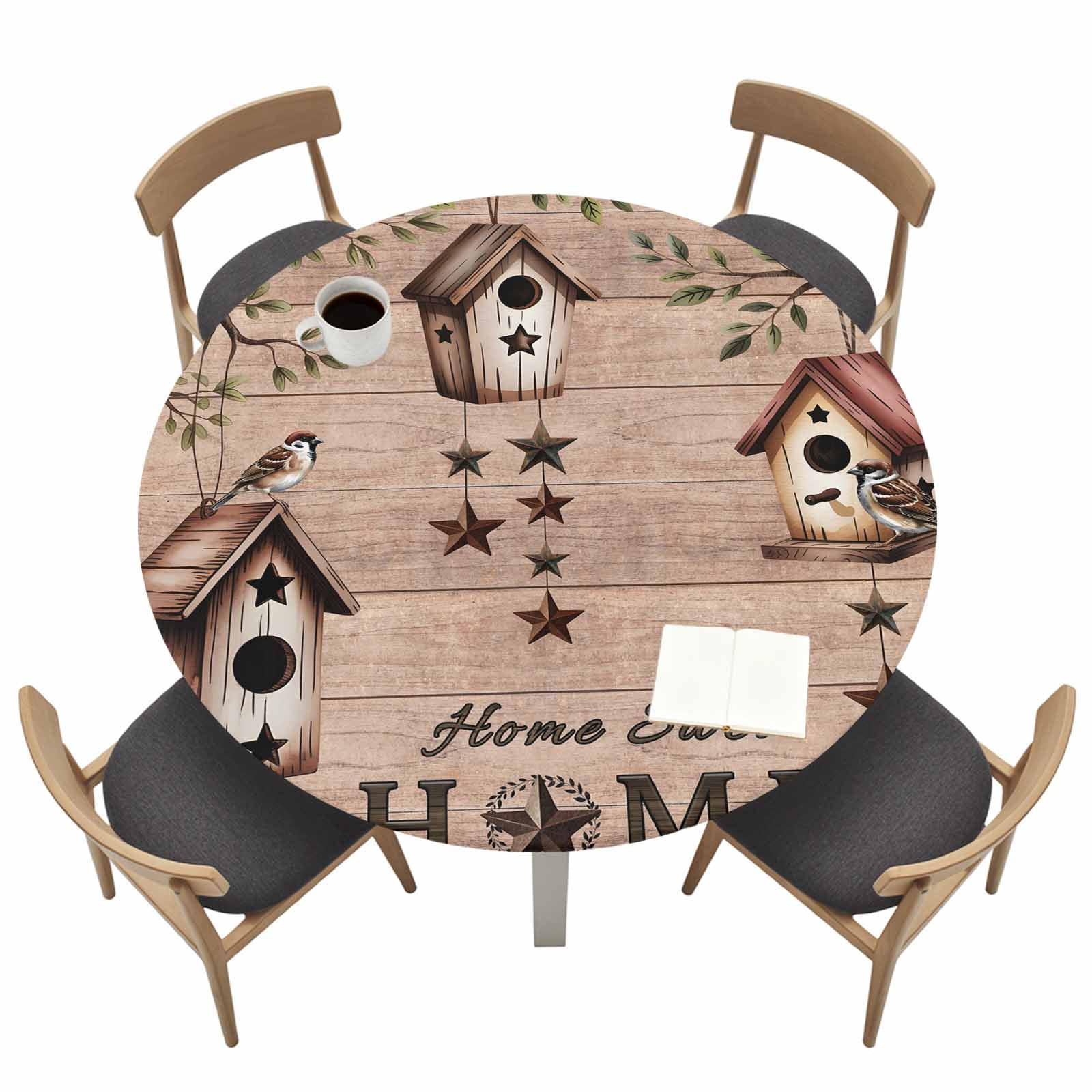 Bird Houses Round Fitted Tablecloth with Elastic Edge Sparrows Home ...