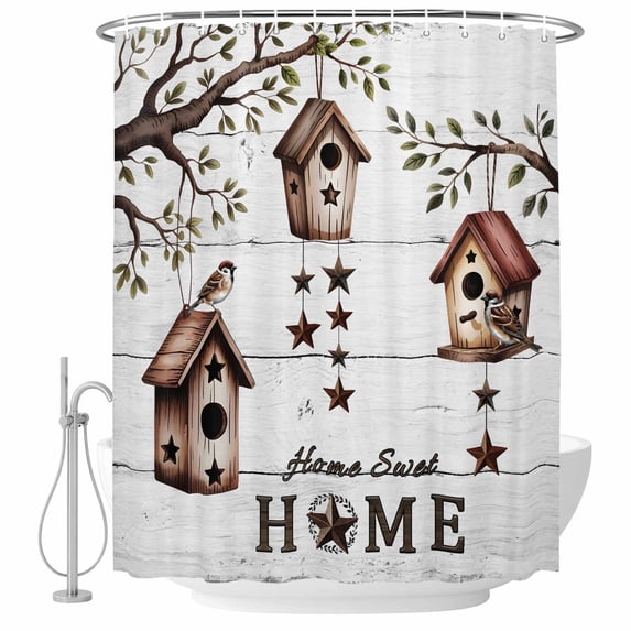 Bird Houses Shower Curtain for Bathroom, Sparrows Home Sweet Branch ...
