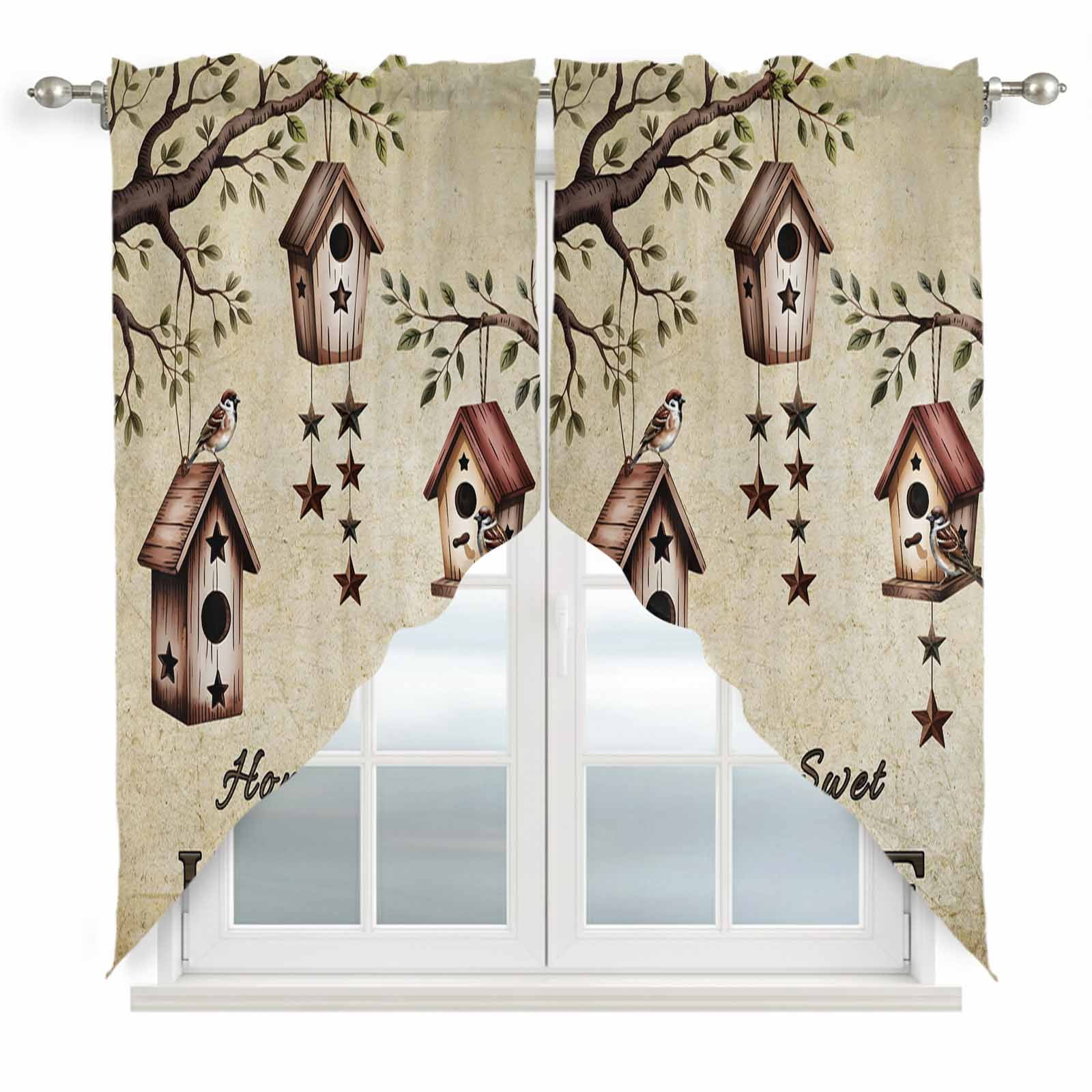 Bird Houses Swag Curtain Valance for Window 2 Panels Vintage Sparrows ...