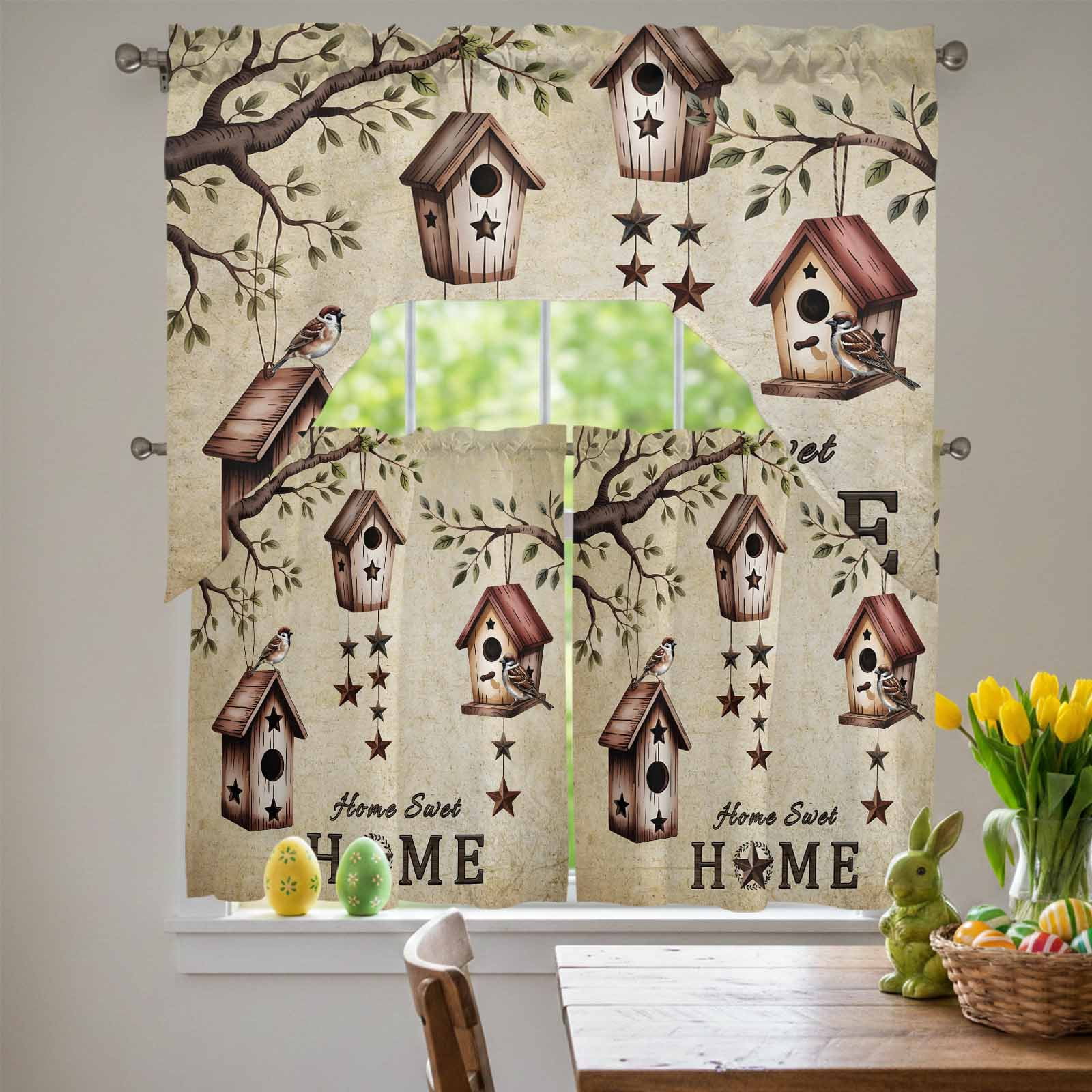 Bird Houses Swag Curtains Valance & Tier Set, Vintage Sparrows Home ...
