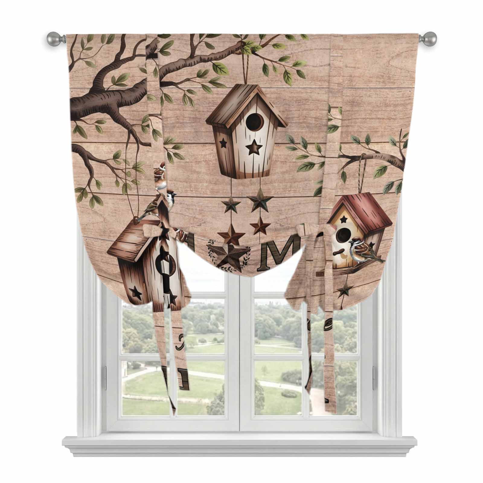 Bird Houses Tie Up Curtain for Window, Sparrows Home Sweet Branch Star ...