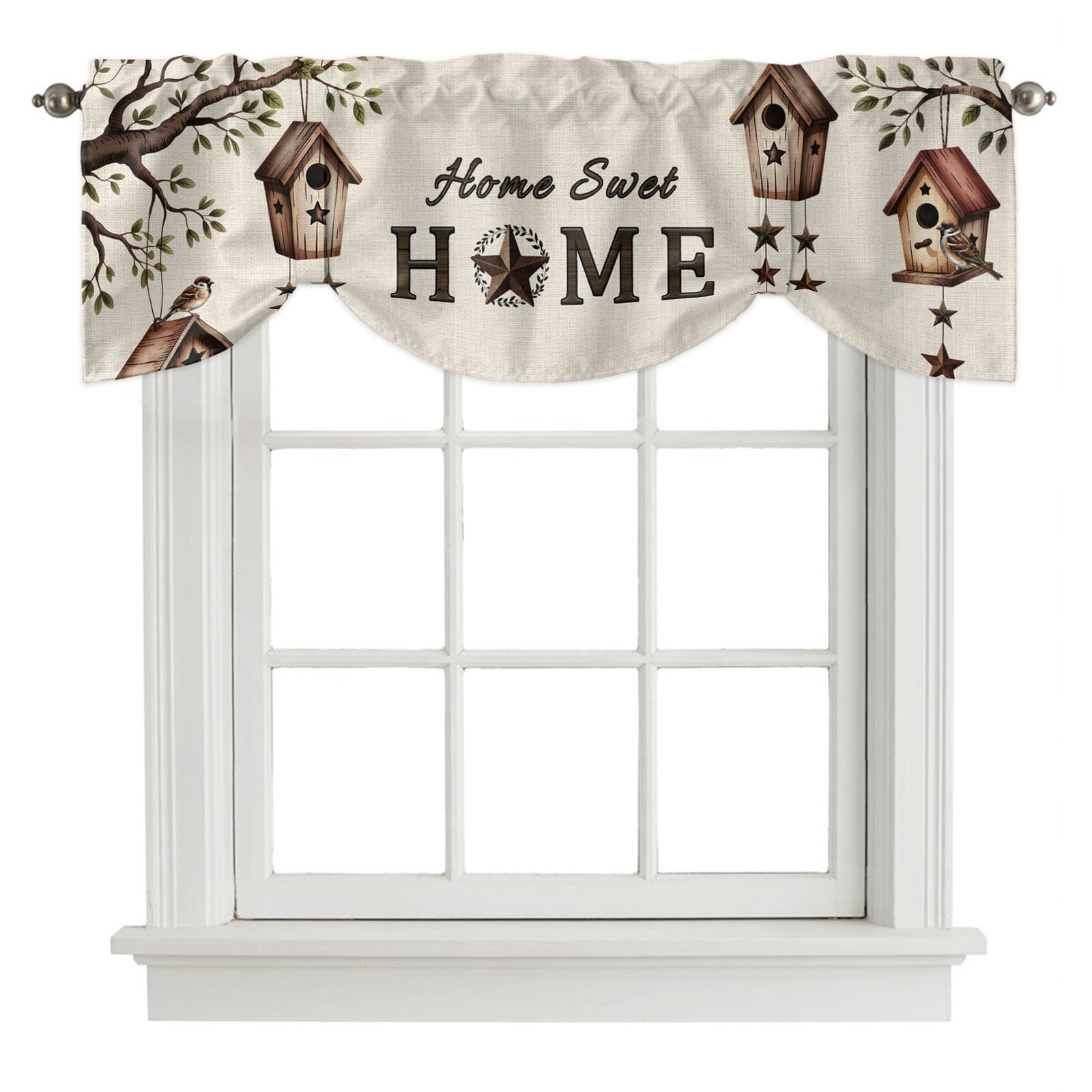 Bird Houses Tie Up Valance Curtains Sparrows Home Sweet Branch Star ...