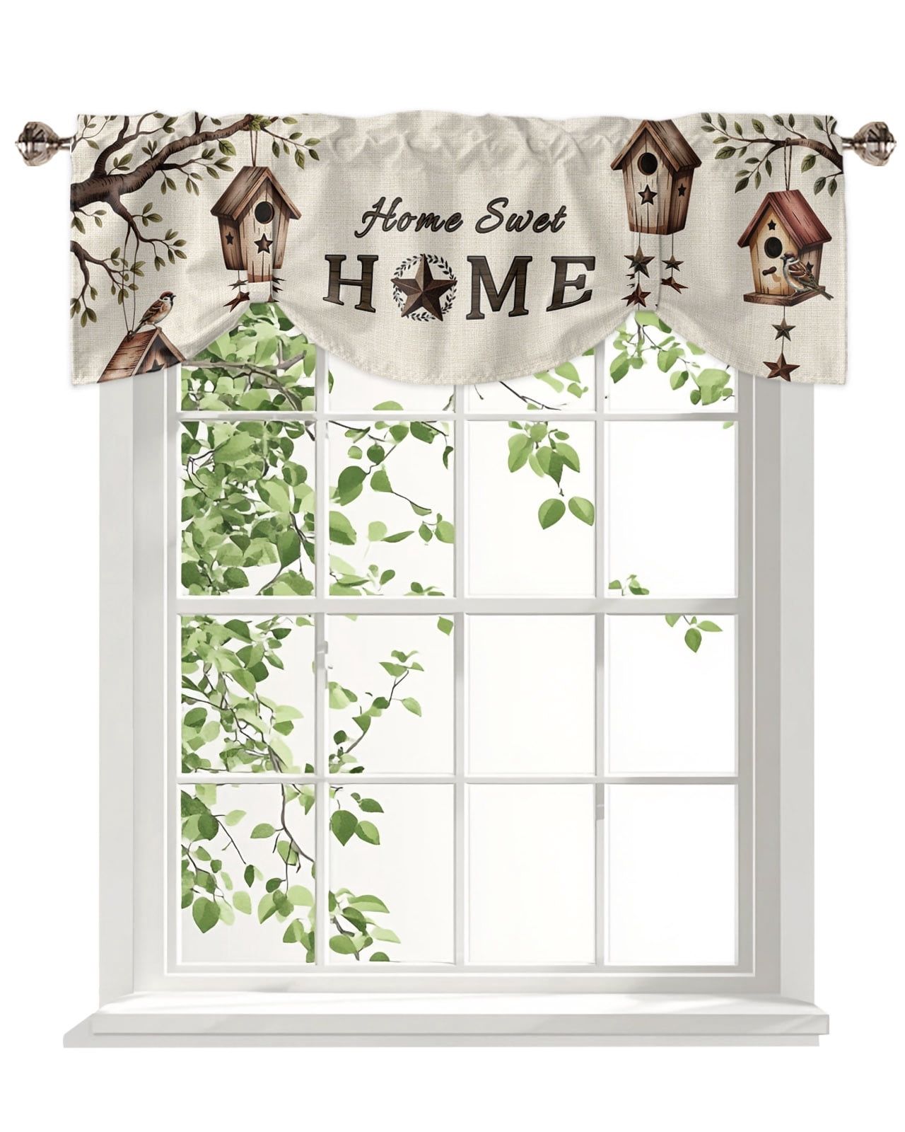 Bird Houses Tie Up Valances Curtain, Sparrows Home Sweet Branch Star ...