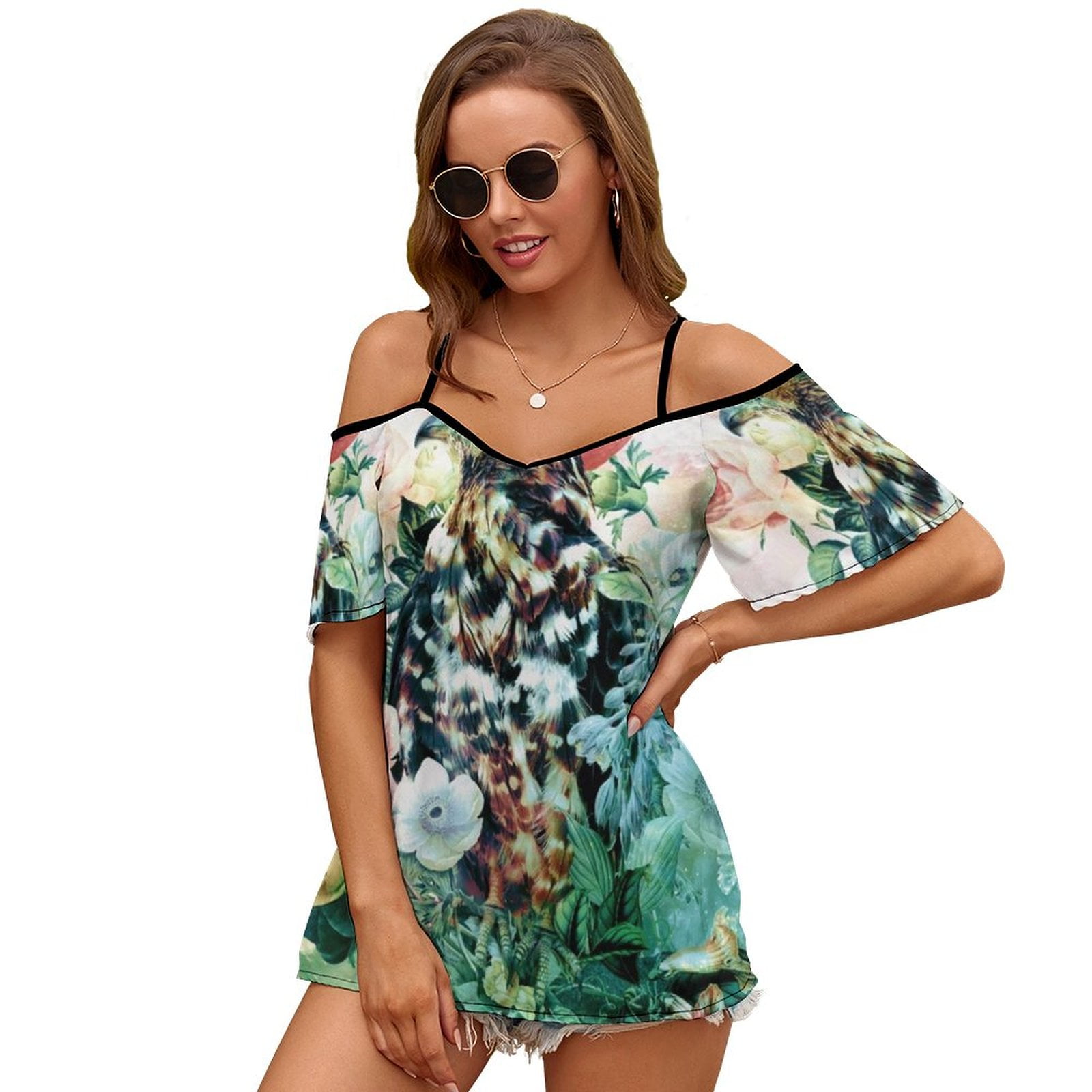 Bird In Flowers 2309 Women Print T Shirt Casual Off Shoulder Loose Pullover Tops Fashion Clothes ...