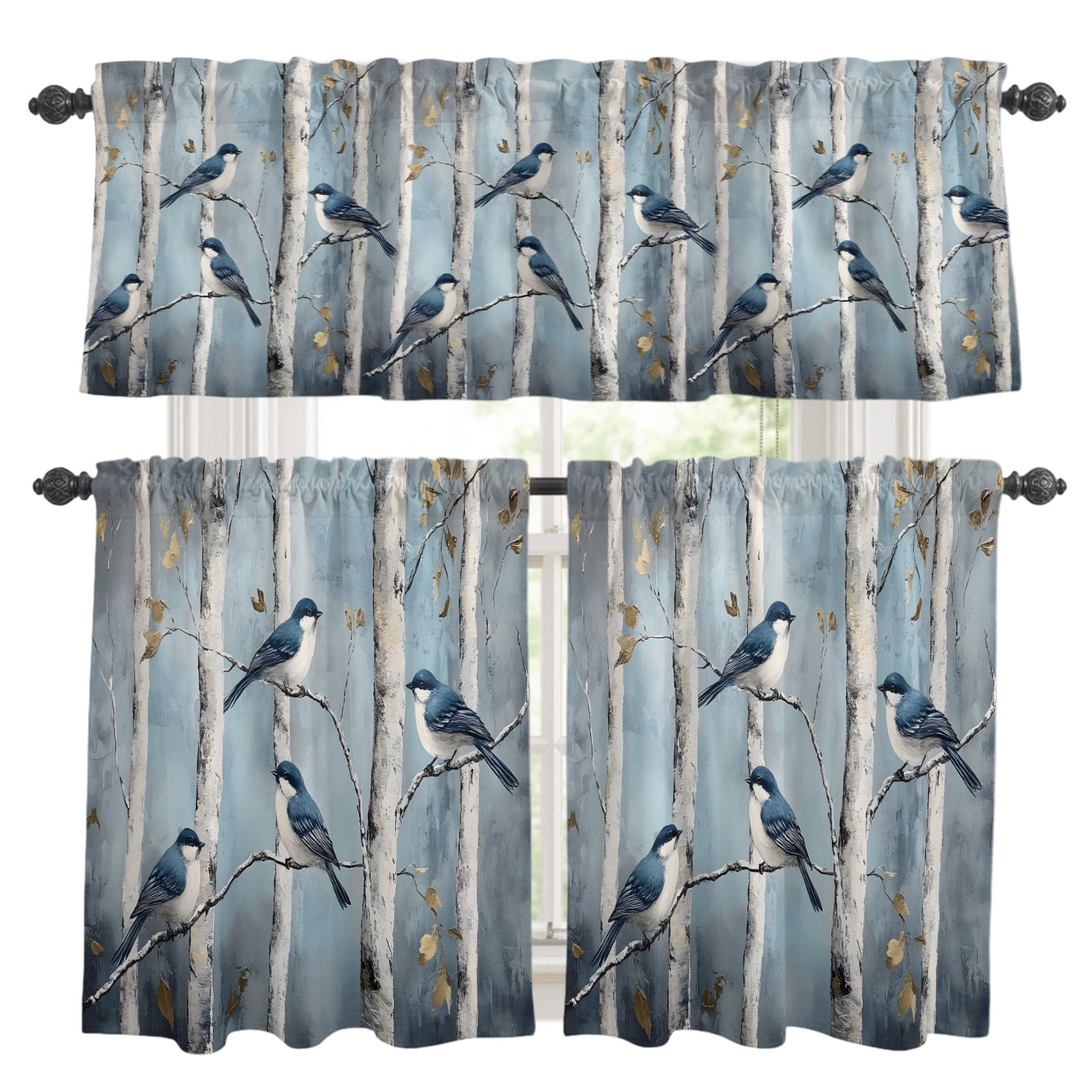 Bird Kitchen Curtains Set for Windows, Birch Tree Curtains Valance and ...