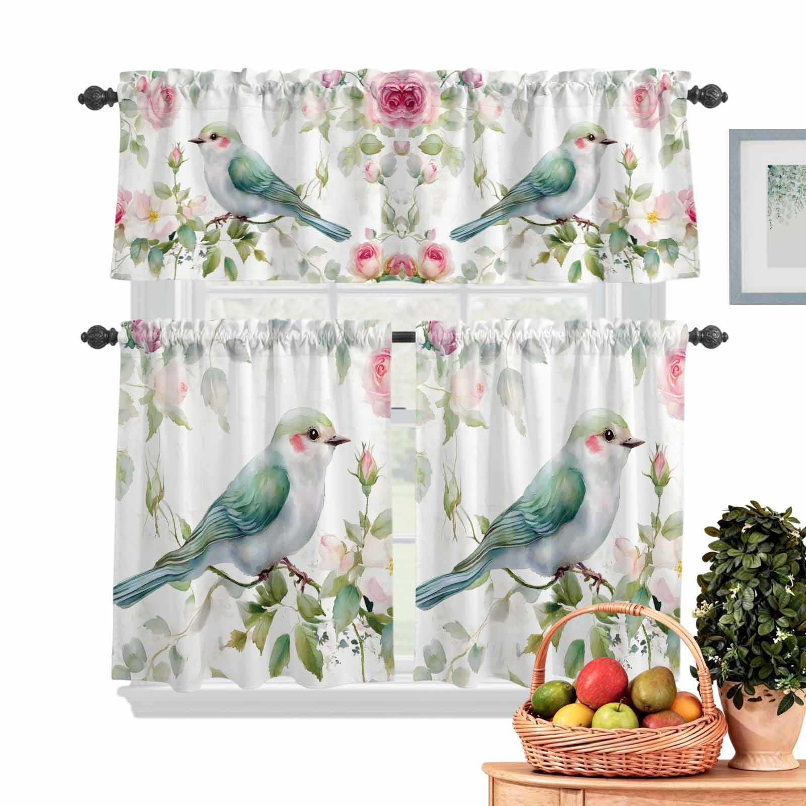 Bird Kitchen Curtains Valances 3 Piece Set, Spring Flower Rod Pocket ...