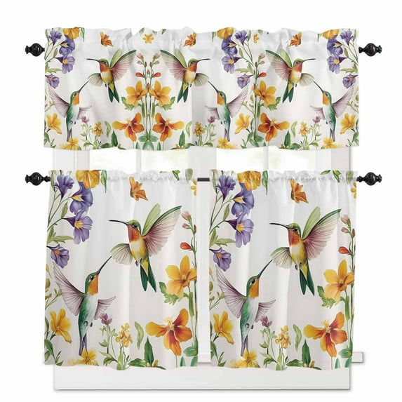 Bird Kitchen Curtains Valances and Tiers Set of 3 Flower Tier Curtains ...