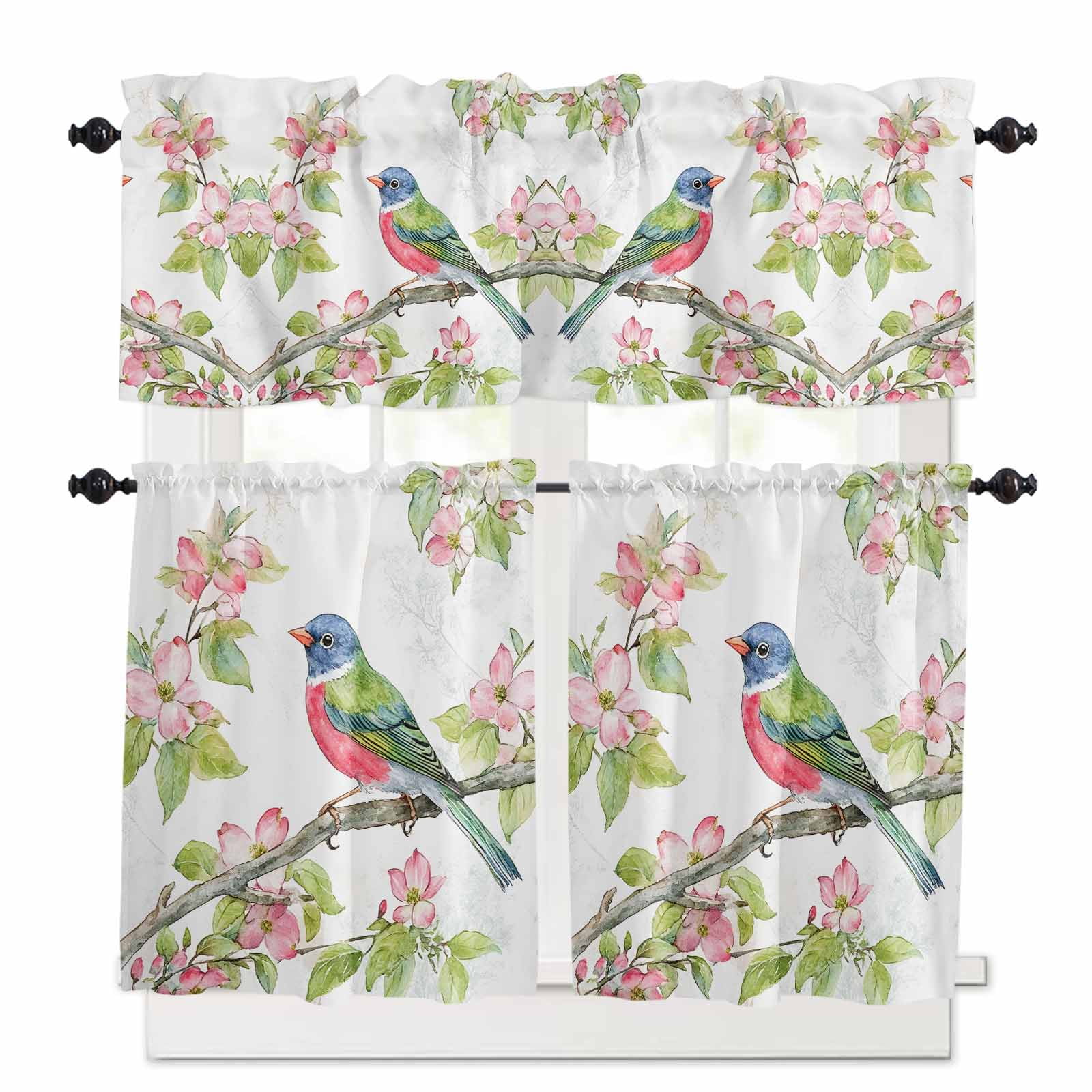 Bird Kitchen Curtains Valances and Tiers Set of 3 Spring Pink Flower ...