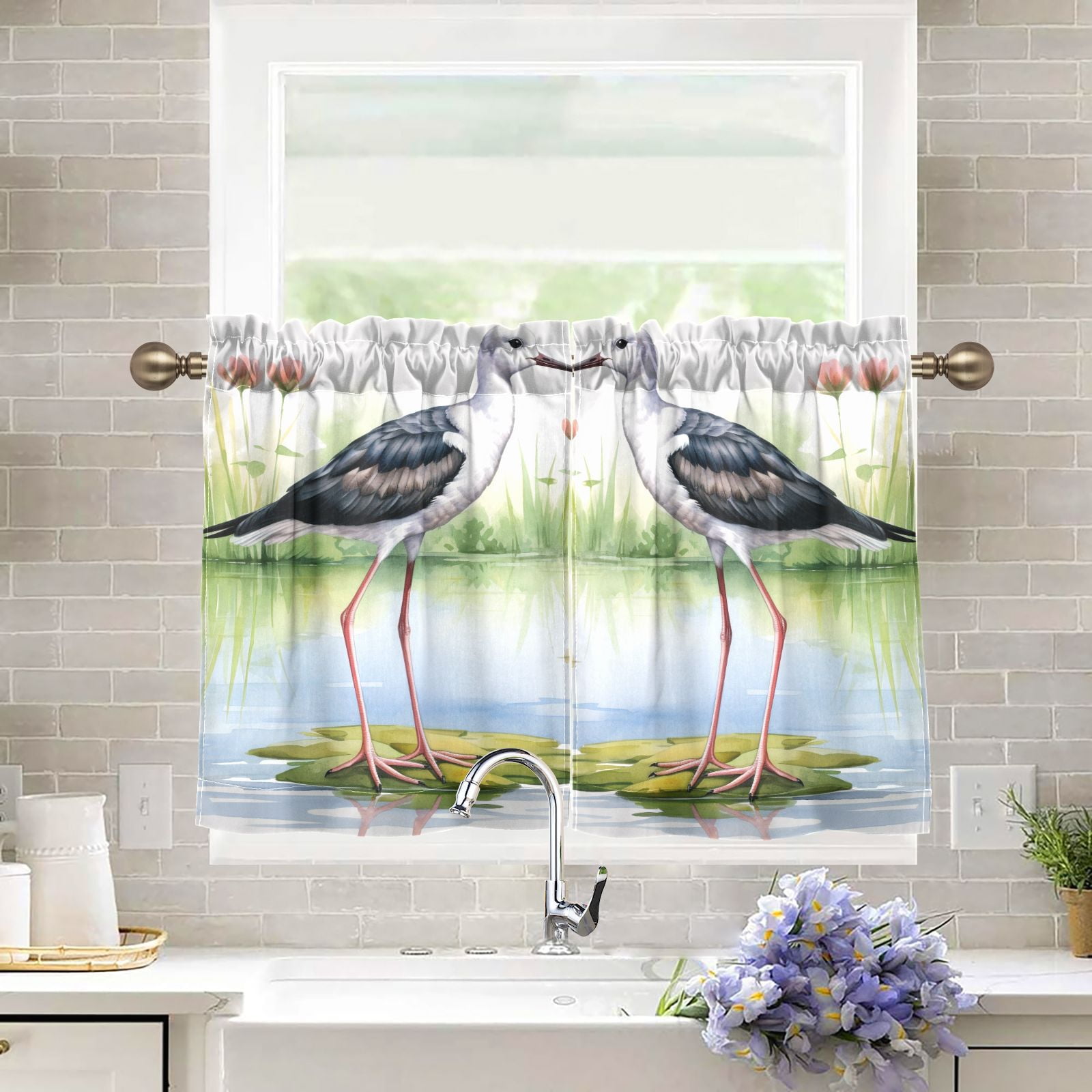 Bird Lake Lotus Leaf Grass Kitchen Curtains Half Tier Curtain 2 Rod ...