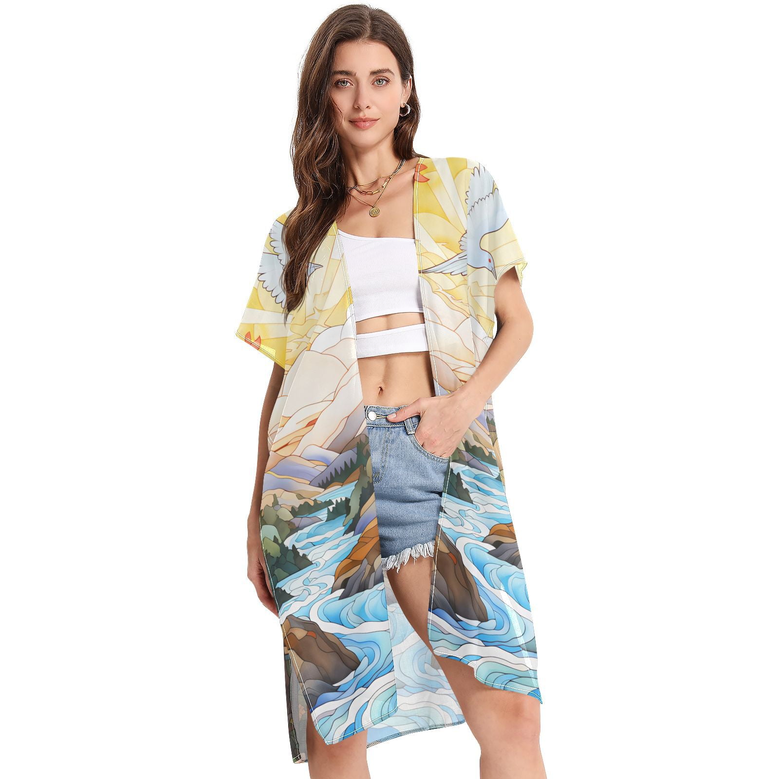 Bird Lake Trees Line Women Swimsuit Cover up V Neck Beach Dress Short ...