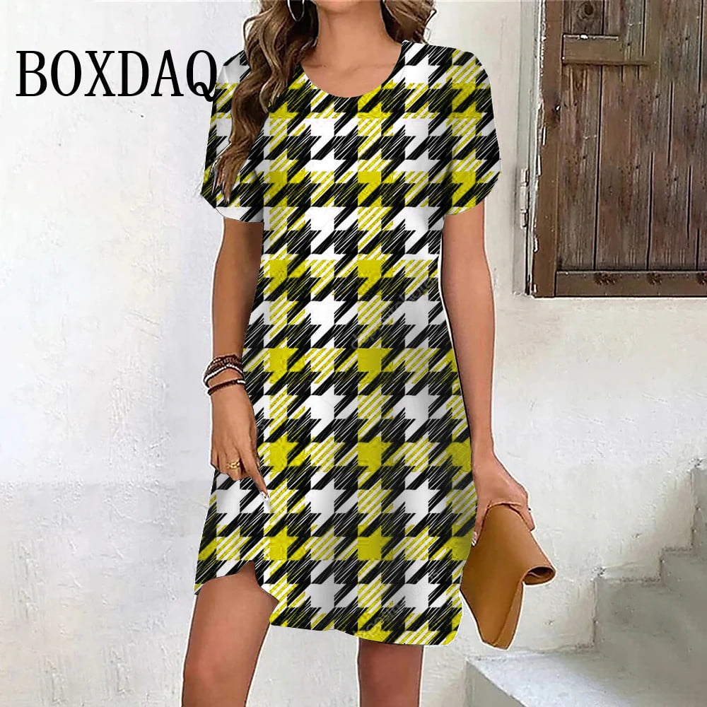 Bird Lattice 3D Printed Dresses For Women Plaid Short Sleeve Mini Dress ...