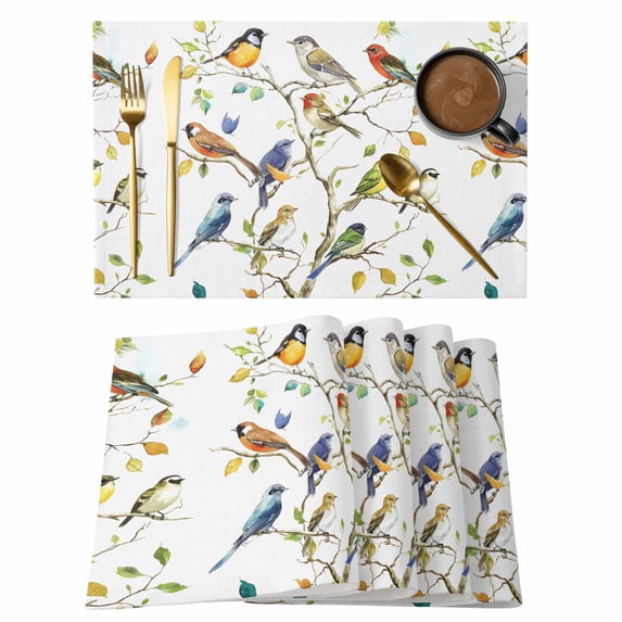 Bird Leaf Placemats Set of 4, Cotton Linen Fabric Place Mats, Spring ...