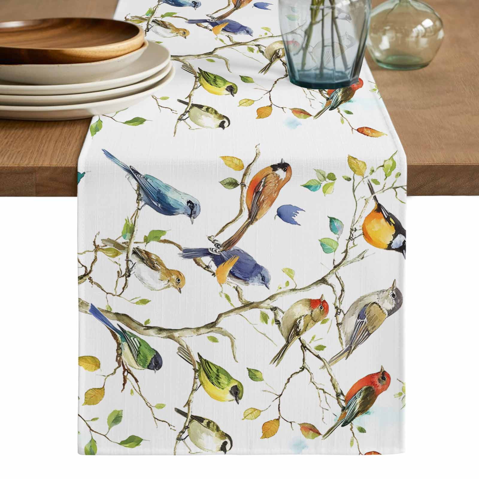Bird Leaf Table Runner, Spring Summer Tree Branch Farmhouse Retro ...