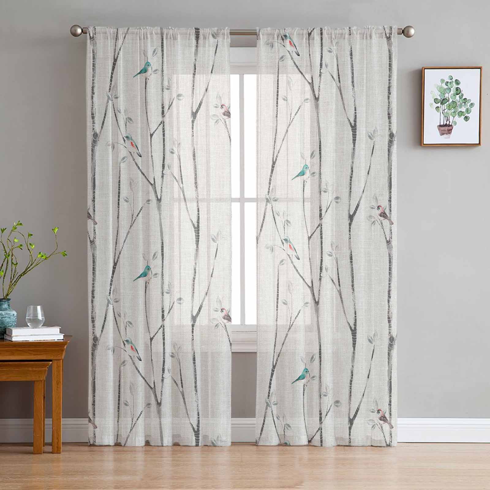 Bird Leaves Triangle Tulle Sheer Window Curtains For Living Room ...