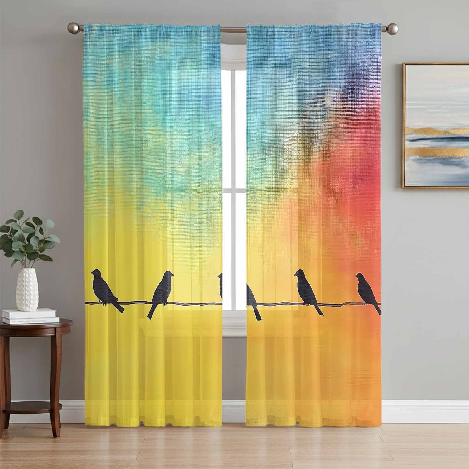 Bird Line Abstract Sheer Curtains 96 Inch Length 2 Panels Set, Orange ...