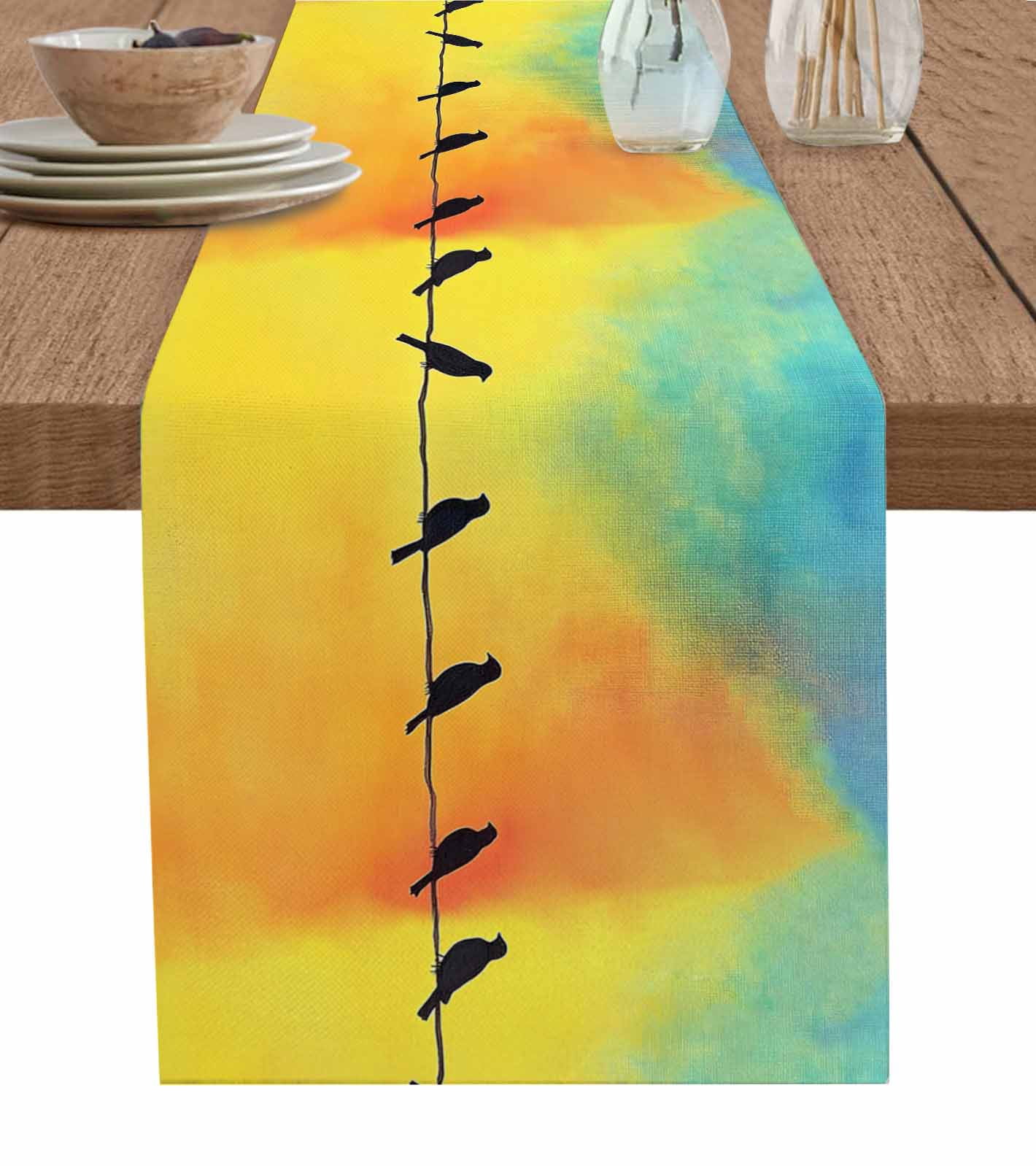 Bird Line Abstract Table Runner 72 Inches, Orange Blue Ombre Silhouette ...