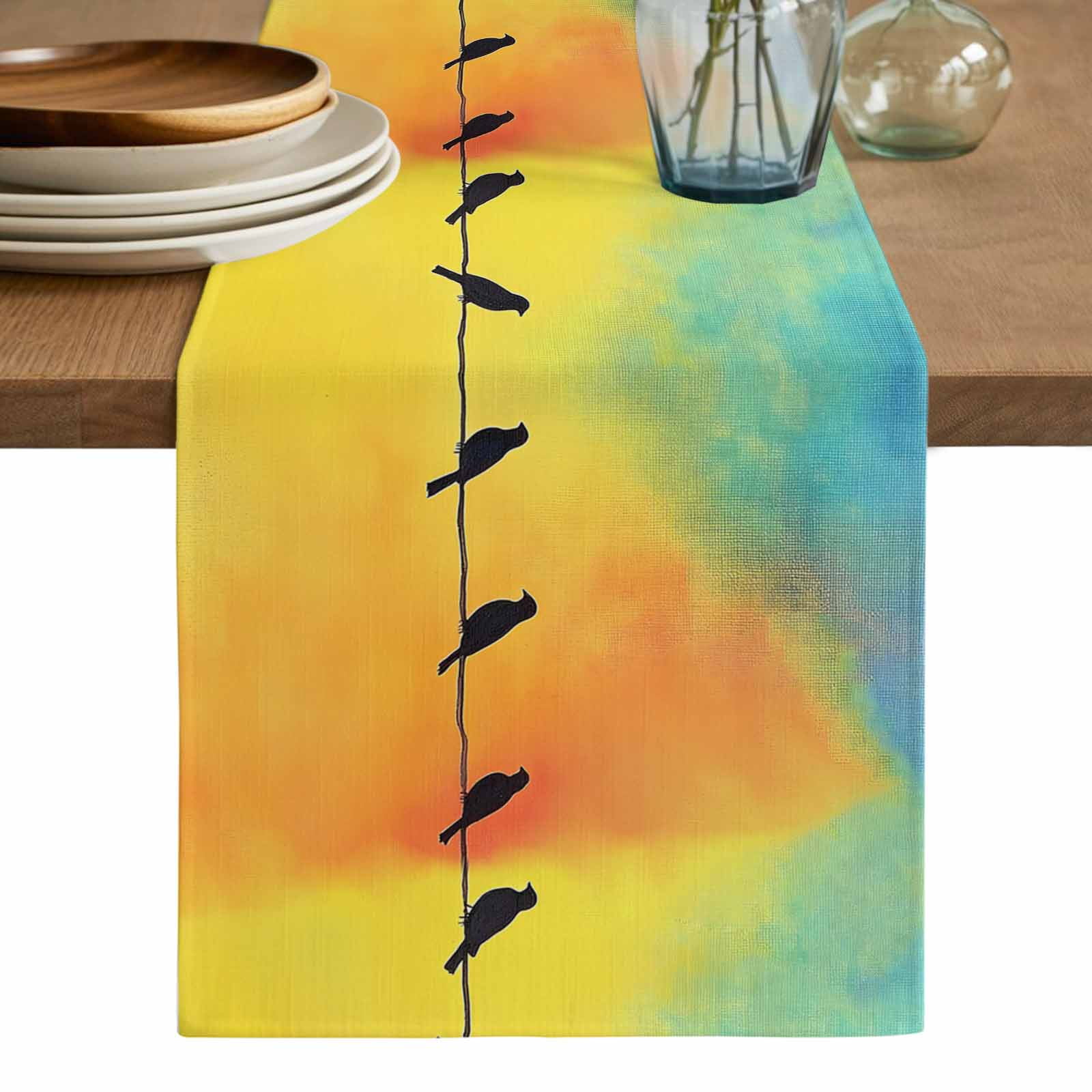 Bird Line Abstract Table Runner, Orange Blue Ombre Silhouette Washable ...