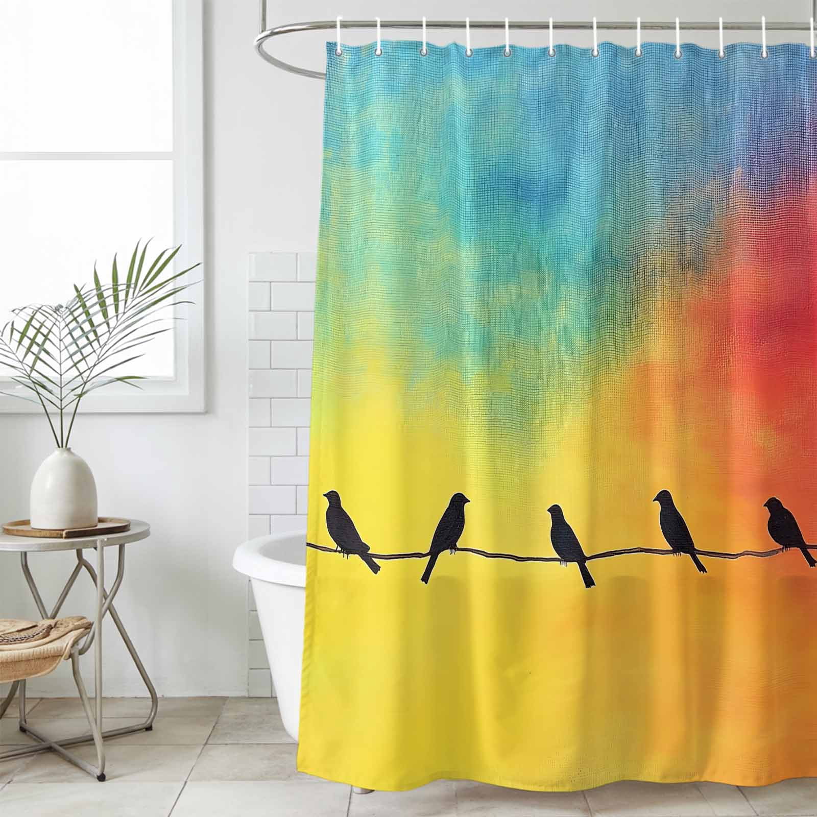 Bird Line Abstract Waterproof Fabric Shower Curtain,Orange Blue Ombre ...