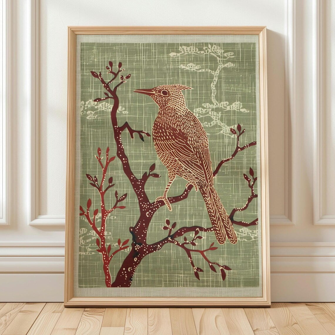 Bird Linocut Mid Century Modern Sage Green Rustic Cabin Woodblock Folk ...