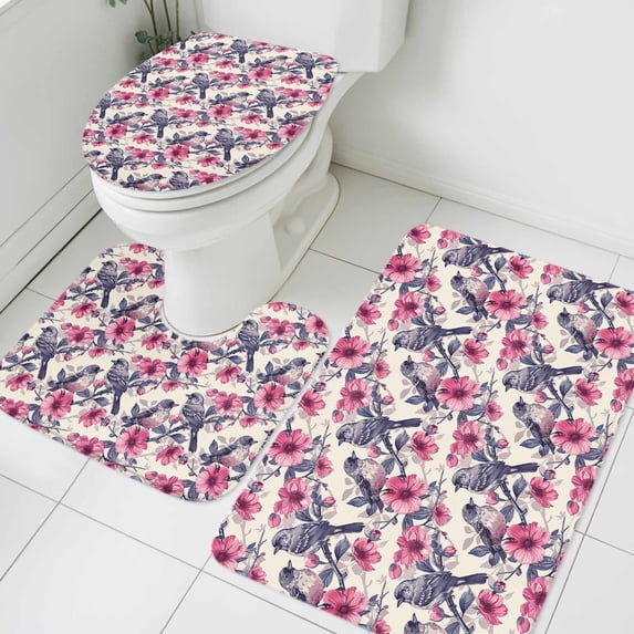 Bird Nature Bathroom Rugs Set Vintage Plant Tree Branches Birds Flowers ...