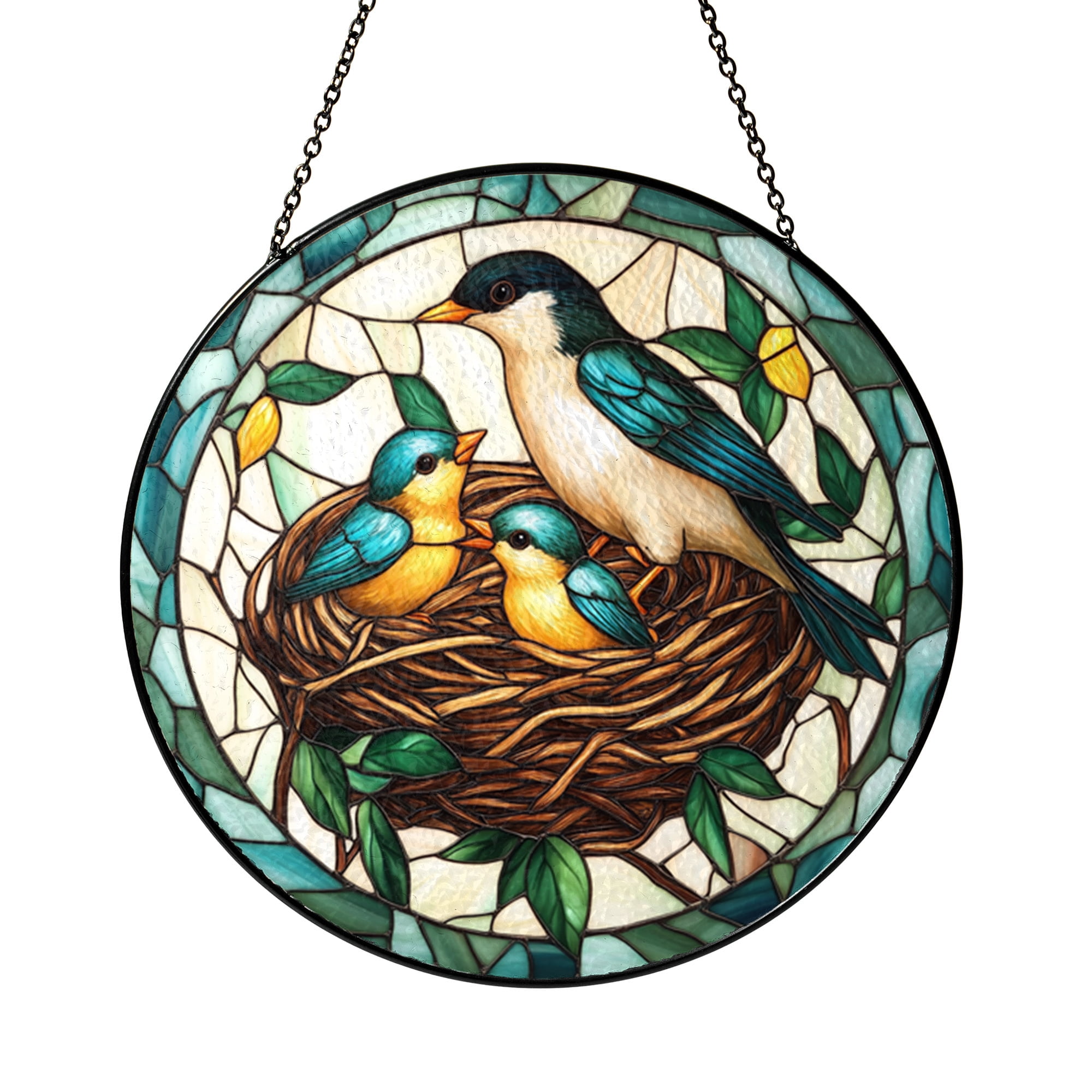 Bird Nest Family Scene Stained Glass Style Suncatcher Window Hanging ...