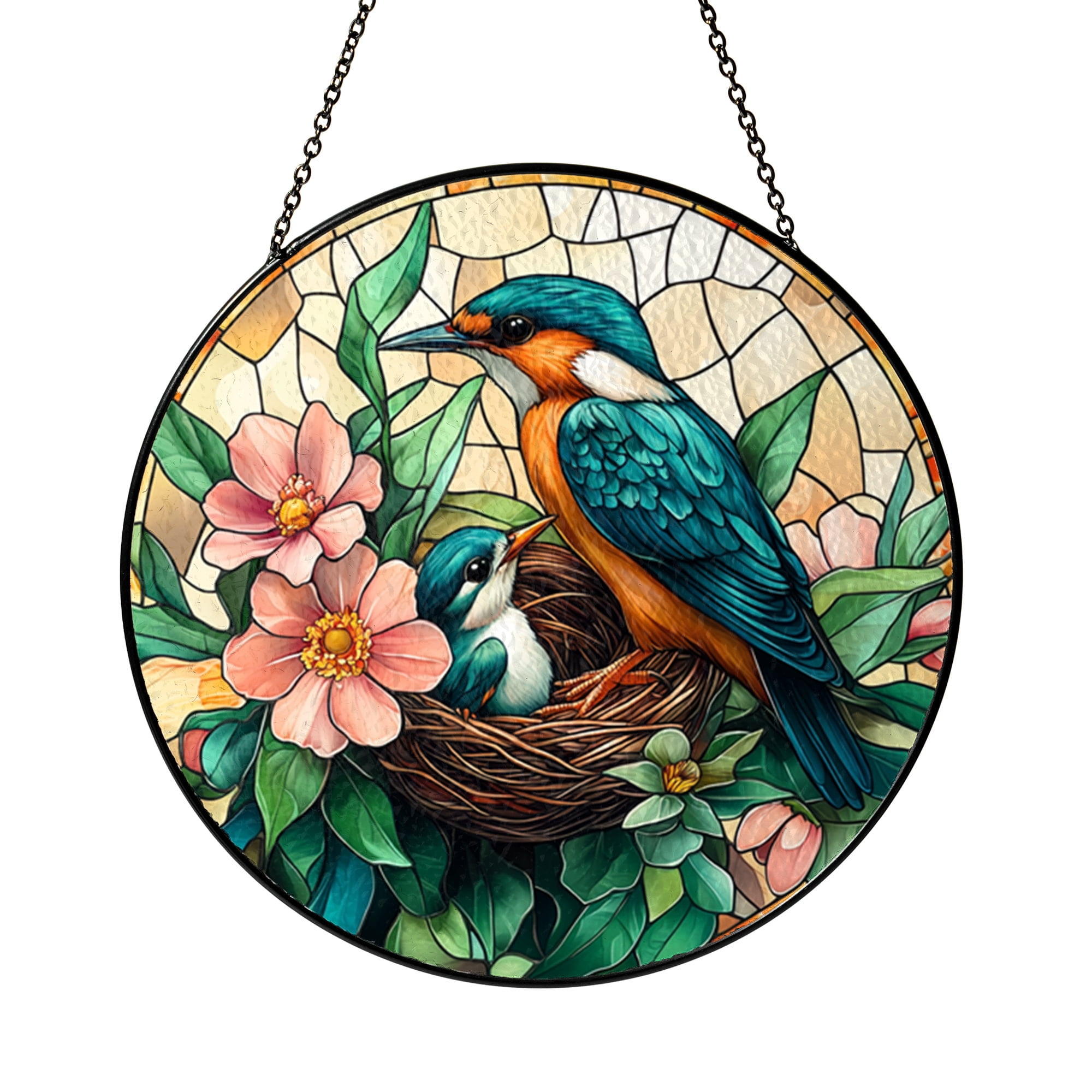 Bird Nest Stained Glass Suncatcher – Floral Window Hanging Decor ...