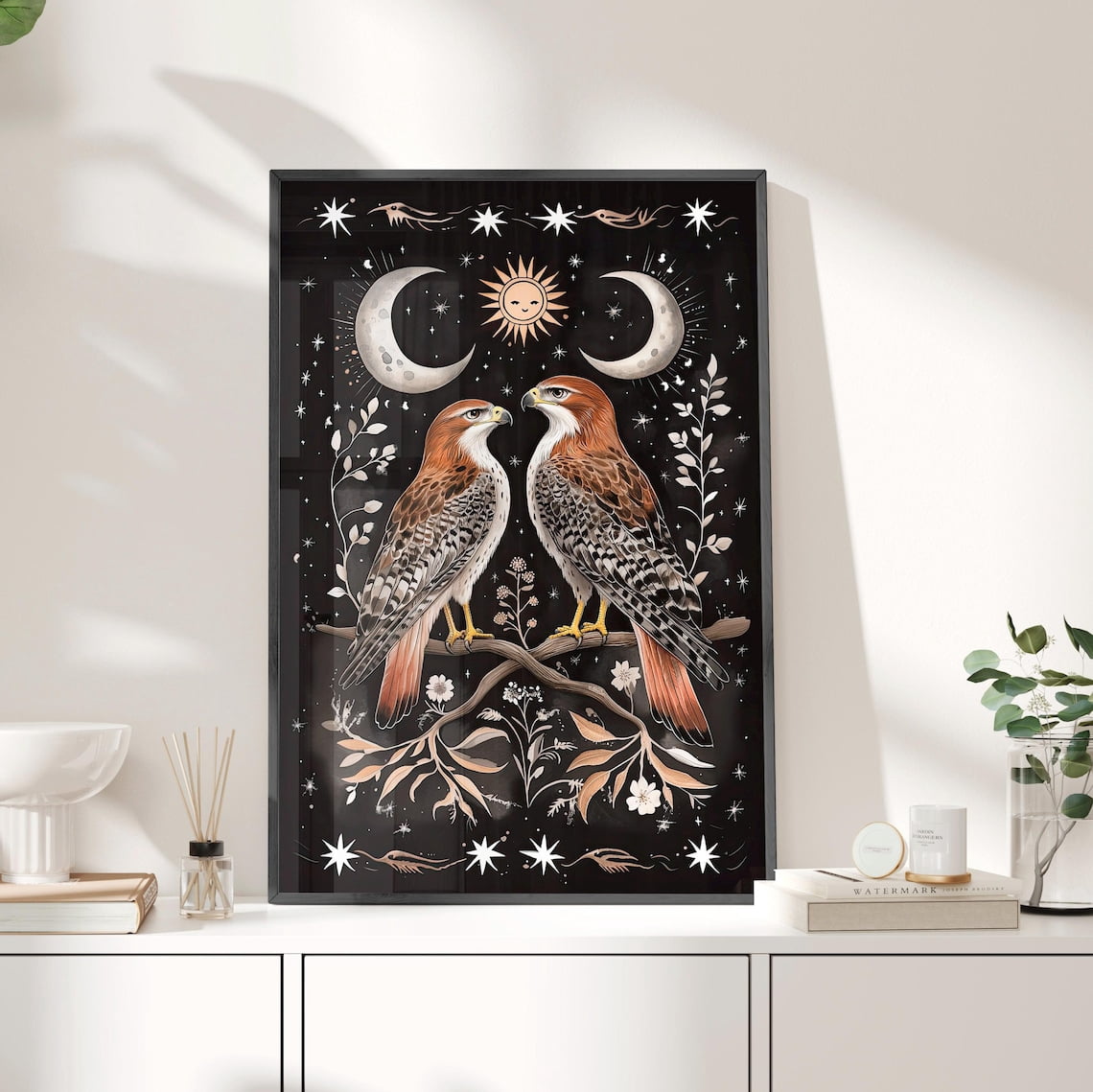 Bird Of Prey Sun Moon Red Tailed Hawk Folk Art Cottagecore Boho Dark ...