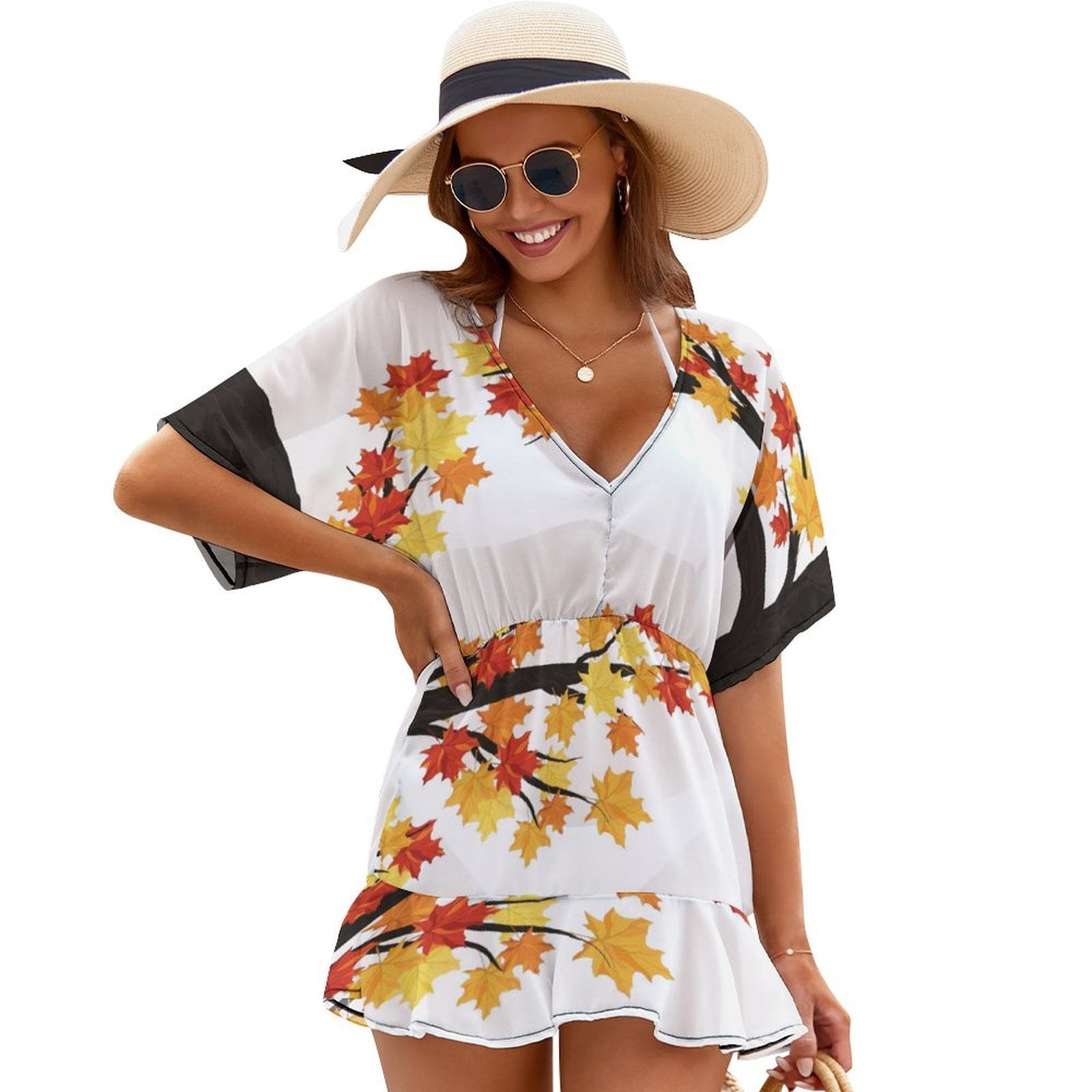 Bird On A Tree With Autumn Leaves Beach Cover Ups Women V Neck Short ...