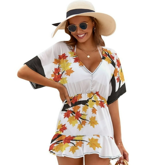 Bird On A Tree With Autumn Leaves Beach Cover Ups Women V Neck Short ...