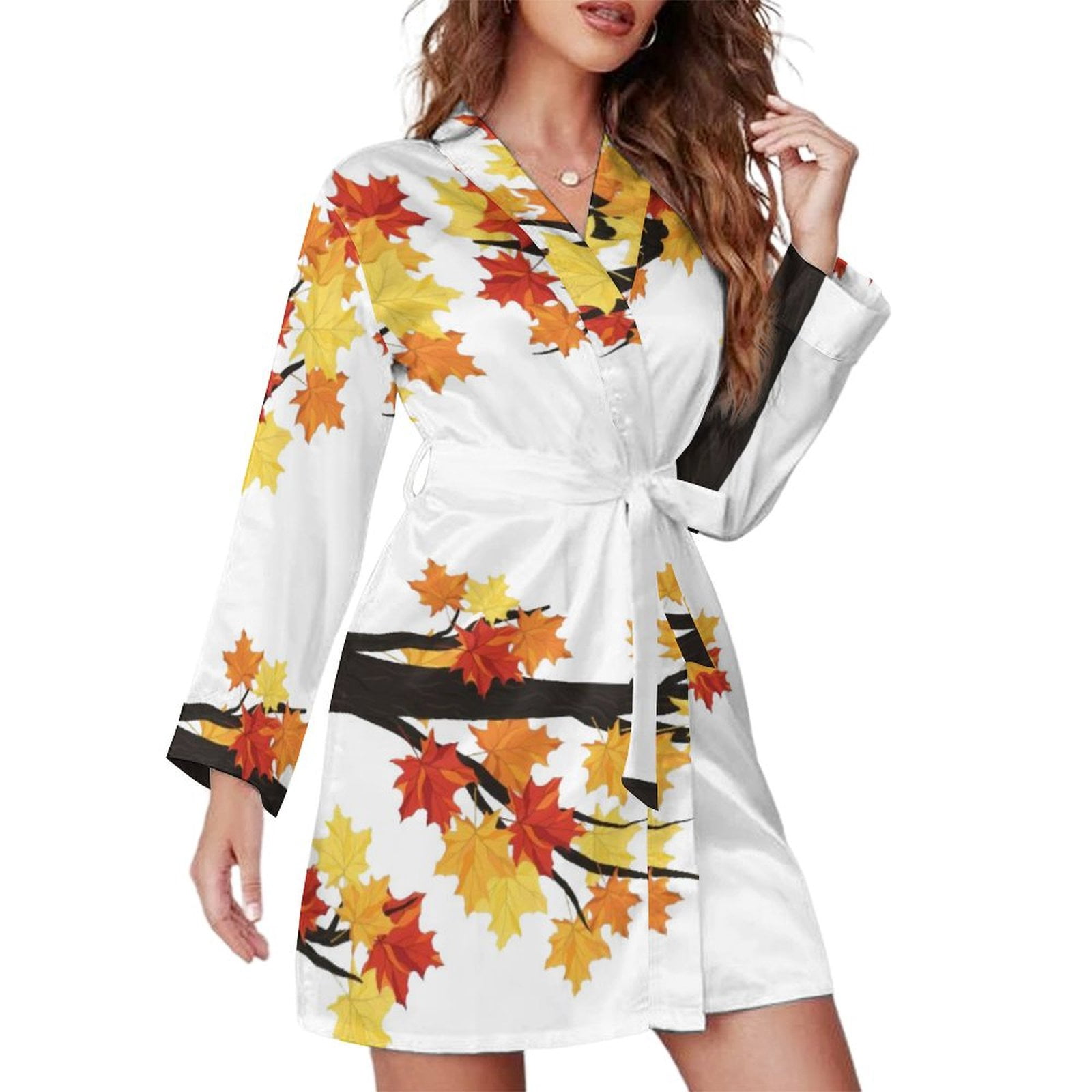 Bird On A Tree With Autumn Leaves Night Robe Long Sleeve V Neck Robe ...